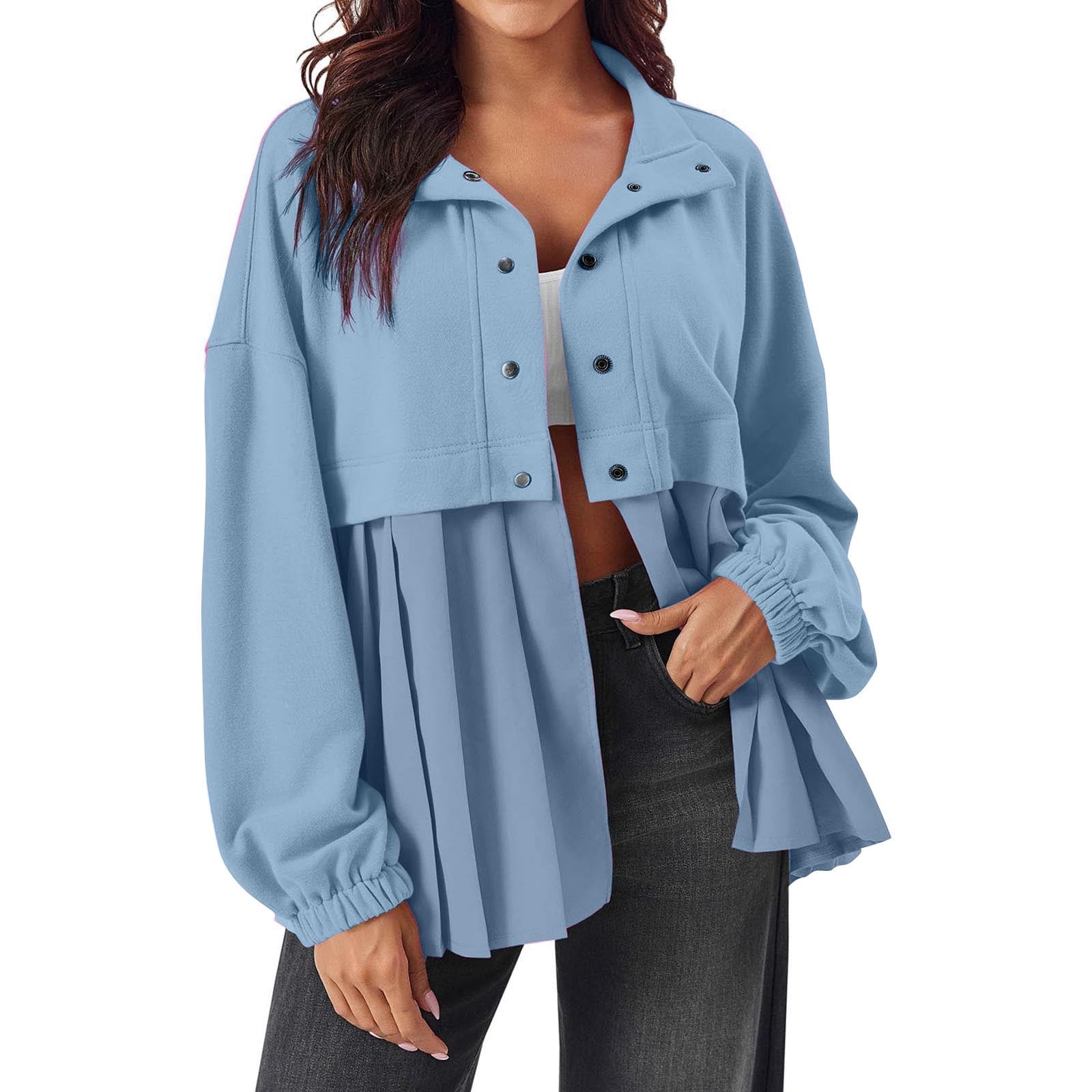 BLTIBY Women's Button Down Jackets Peplum Shacket Ruffle Hem Jacket ...