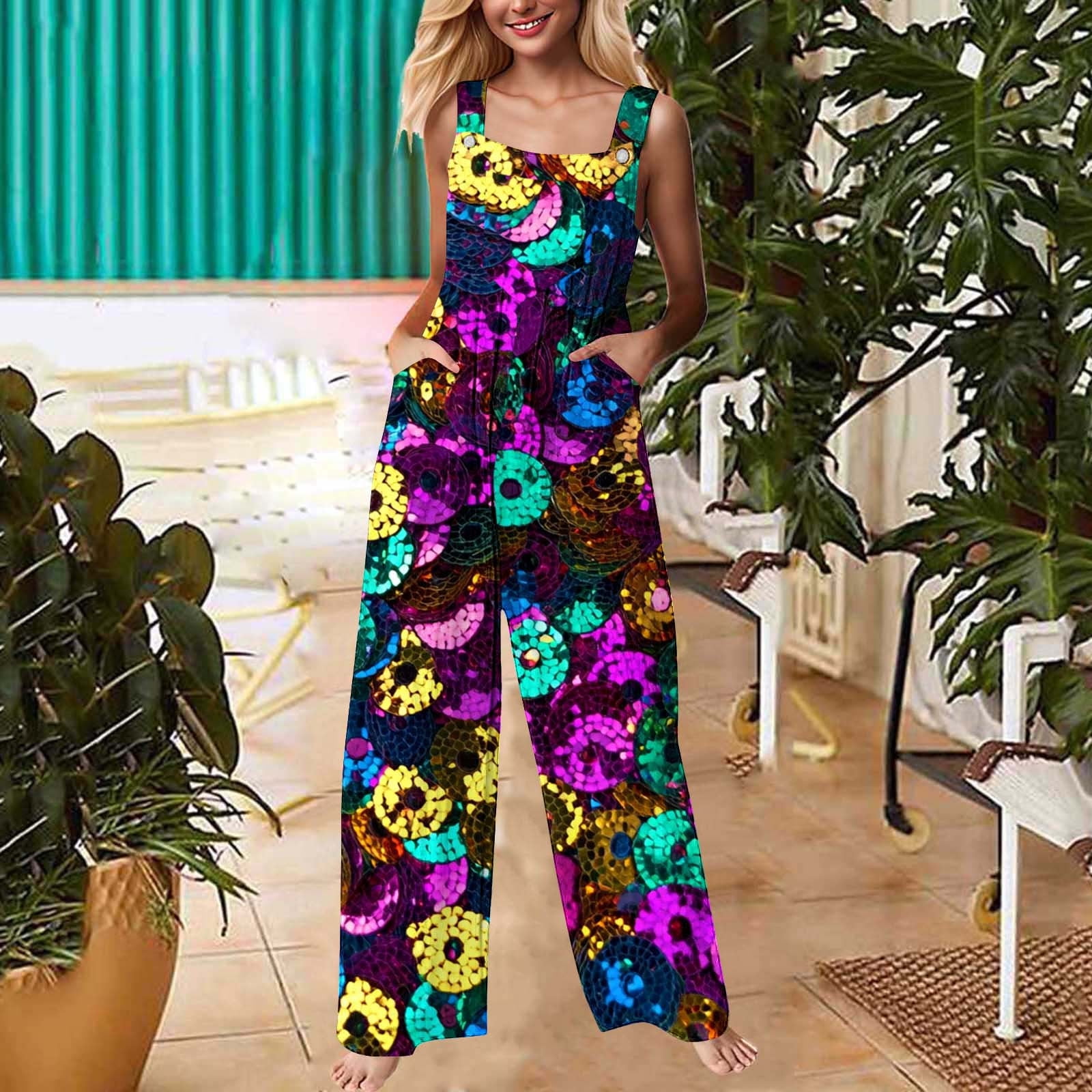 BLTIBY Women's Casual Overalls Jumpsuits Printed Spring Summer Button ...