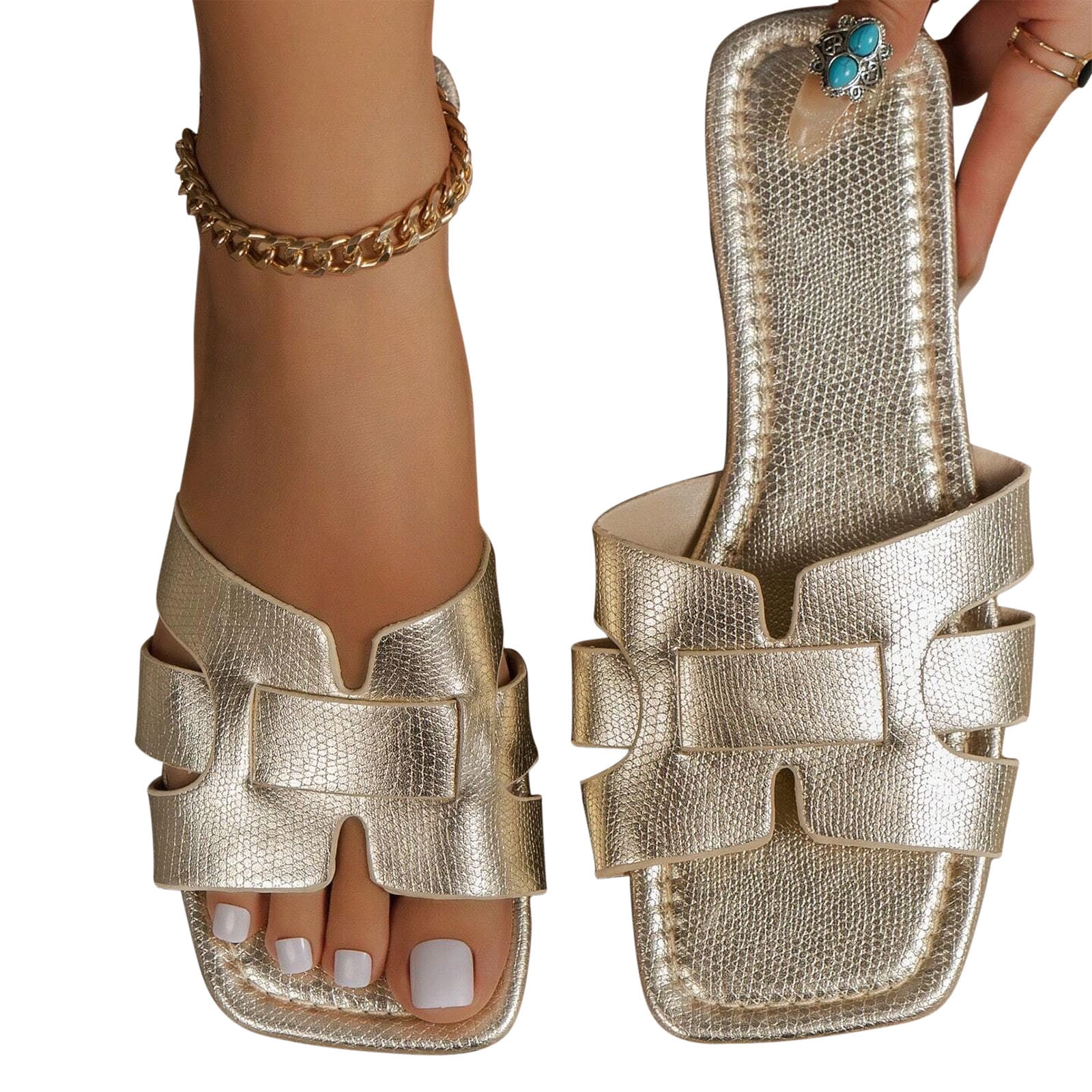 BLTIBY Women's Flat Sandals Square Open Toe Slides Slippers Solid ...