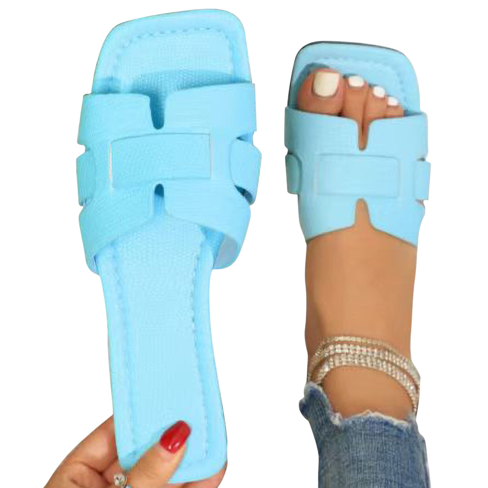 BLTIBY Women's Flat Sandals Square Open Toe Slides Slippers Solid ...