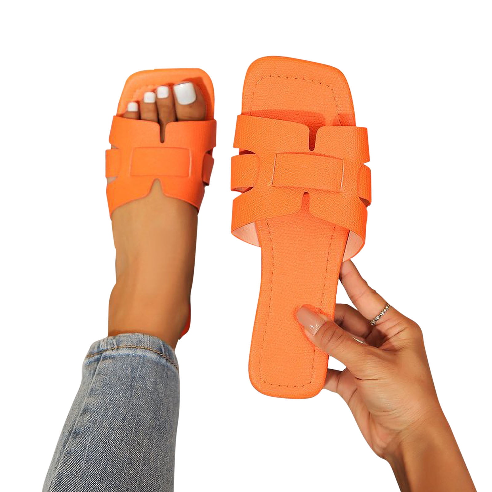 BLTIBY Women's Flat Sandals Square Open Toe Slides Slippers Solid ...