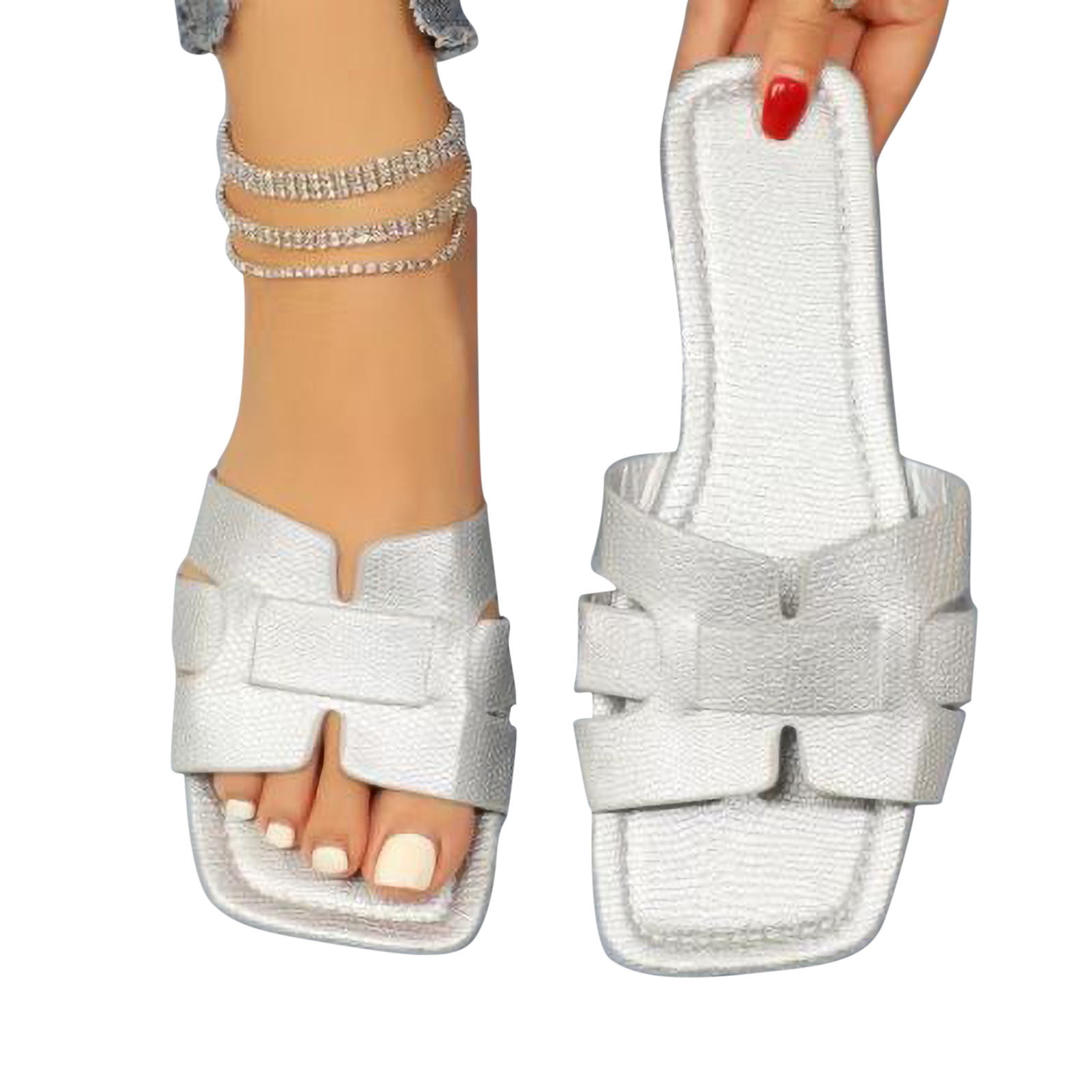 BLTIBY Women's Flat Sandals Square Open Toe Slides Slippers Solid ...