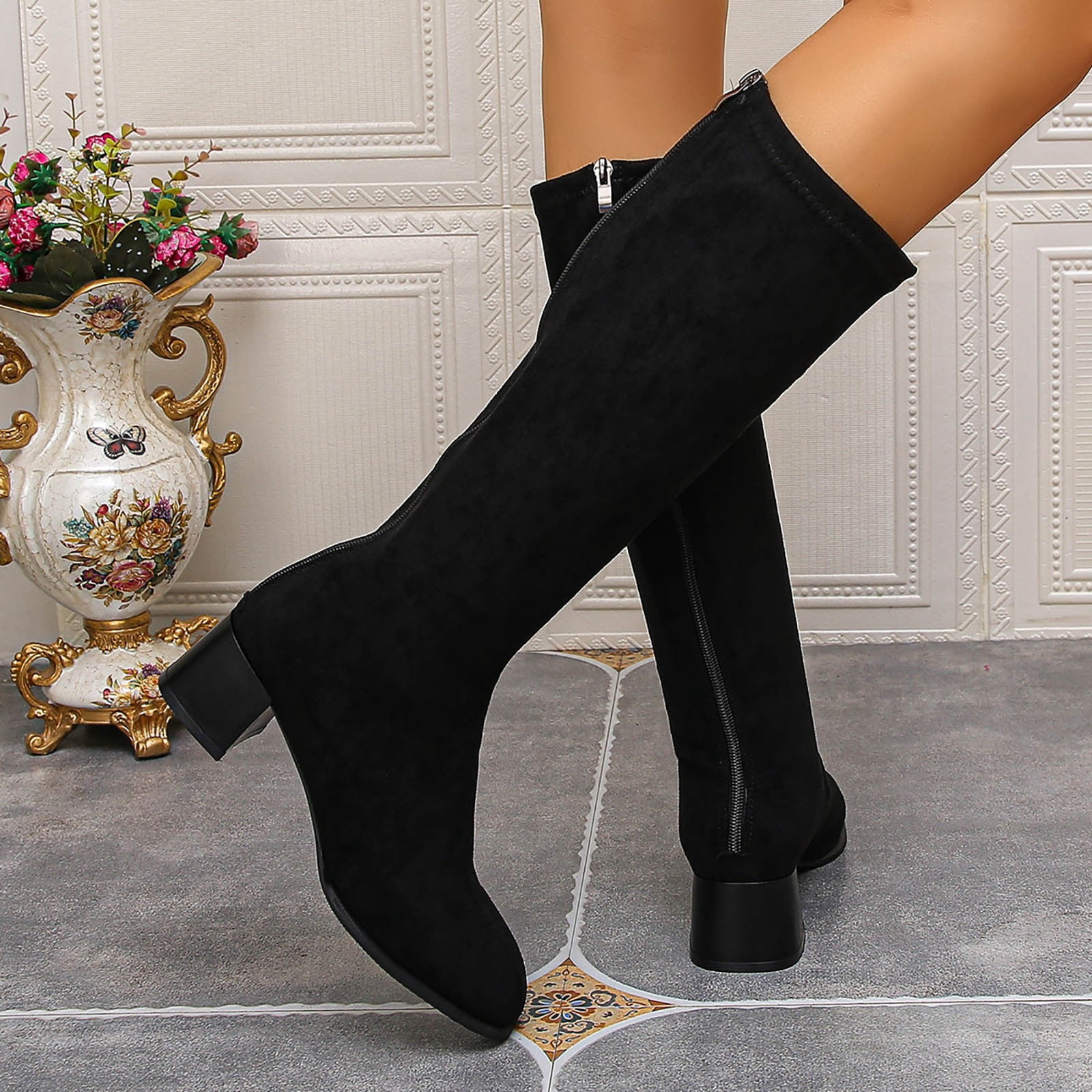BLTIBY Women's Knee High Boots Chunk Heel Pull On Flock Booties Non ...