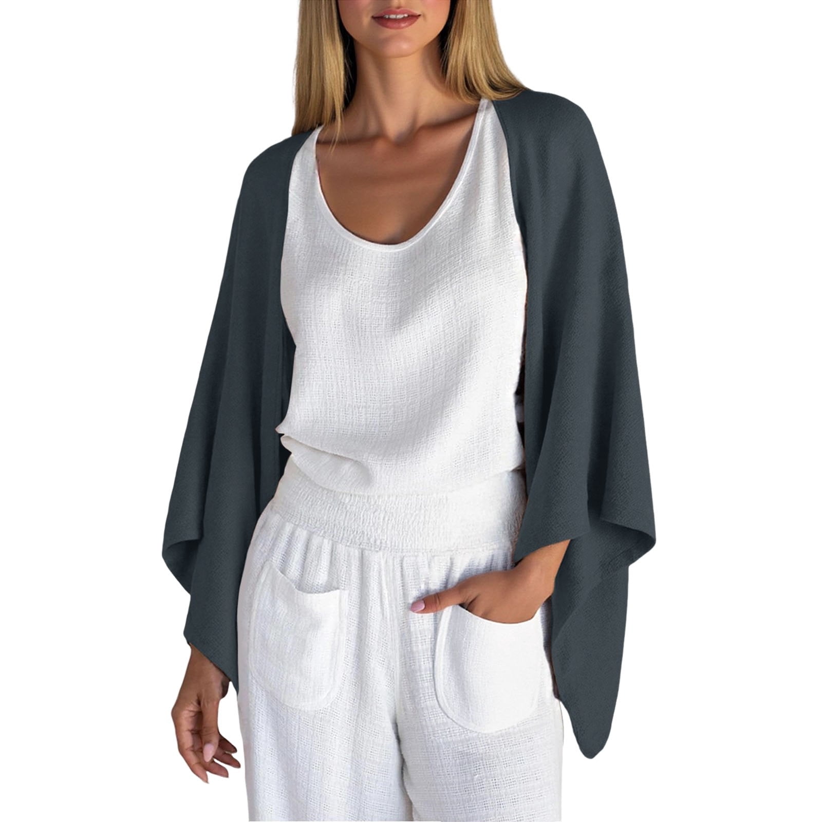BLTIBY Women's Linen Cardigan Fall 3/4 Sleeve Open Front Lightweight ...