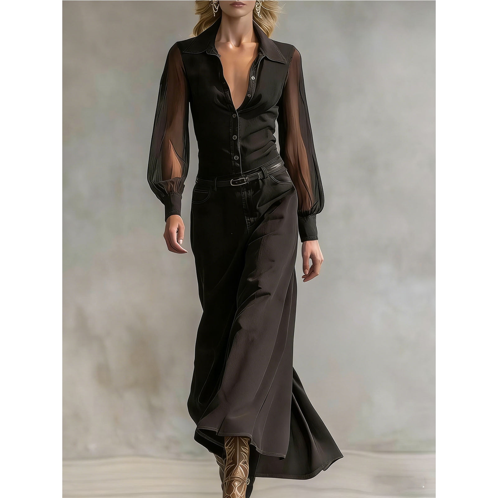 BLTIBY Women's Long Puff Sheer Sleeve Dress Mesh Lapel Neck Button Down ...