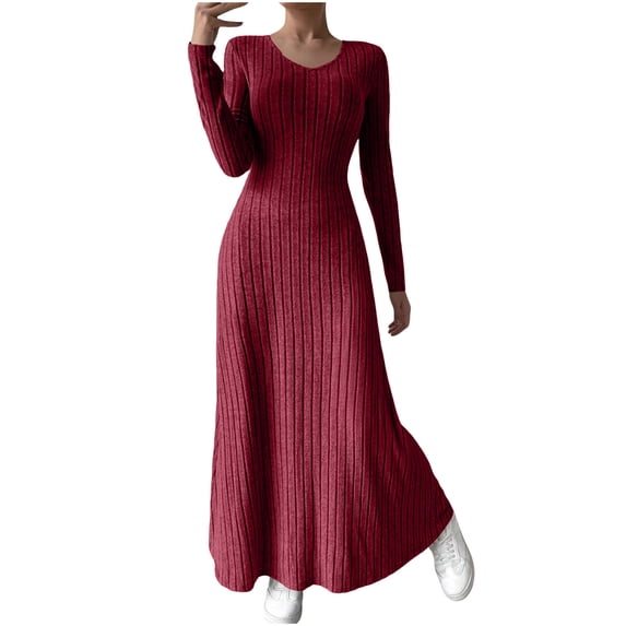 BLTIBY Women's Long Sleeve Maxi Dress Fall Winter V Neck Knit Elegant ...