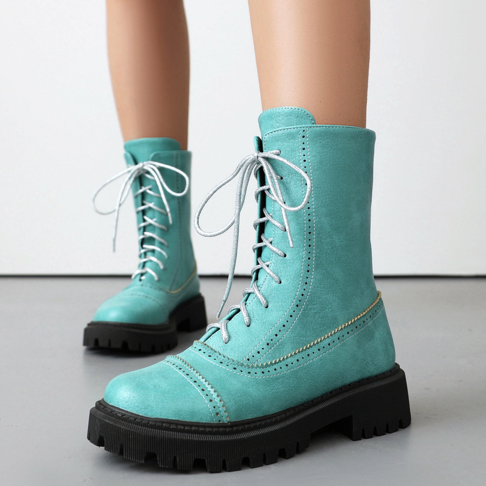 BLTIBY Women's Mid Calf Boots Chunk Heel Lace Up Waterproof Boot Fall ...