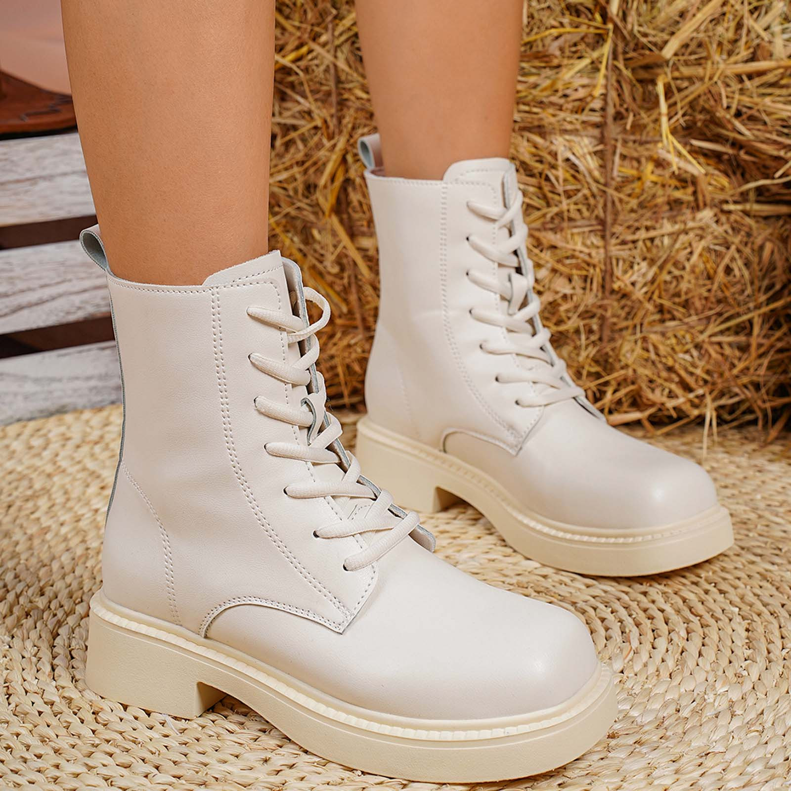 BLTIBY Women's Mid Calf Boots Chunky Mid Heel Lace Up Boot Fall Winter ...