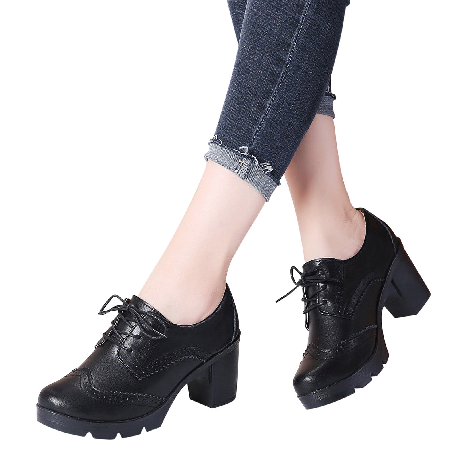 BLTIBY Women's Oxford Shoes Leather Lace-up Chunky Mid Heel Retro ...
