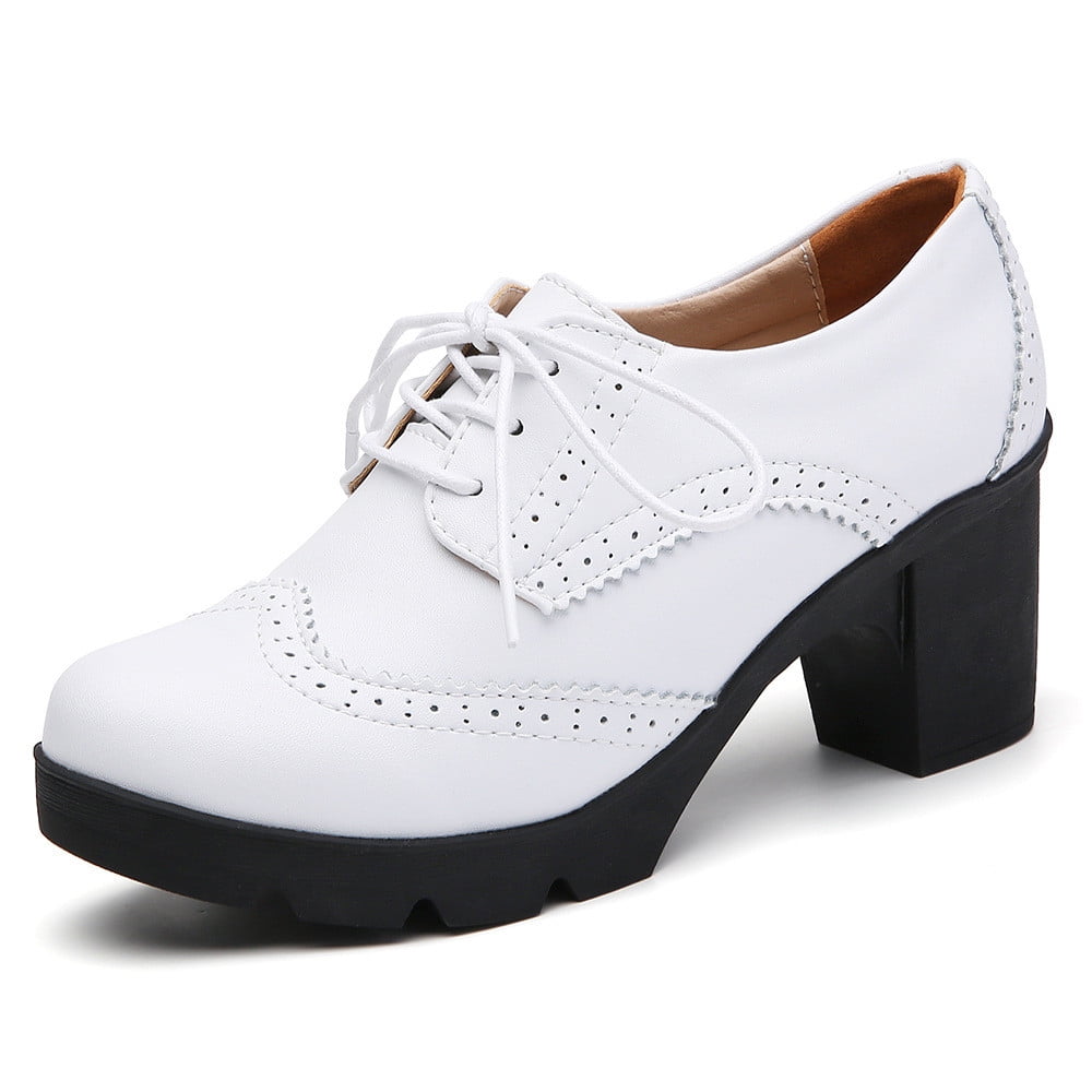 BLTIBY Women's Oxford Shoes Leather Lace-up Chunky Mid Heel Retro ...