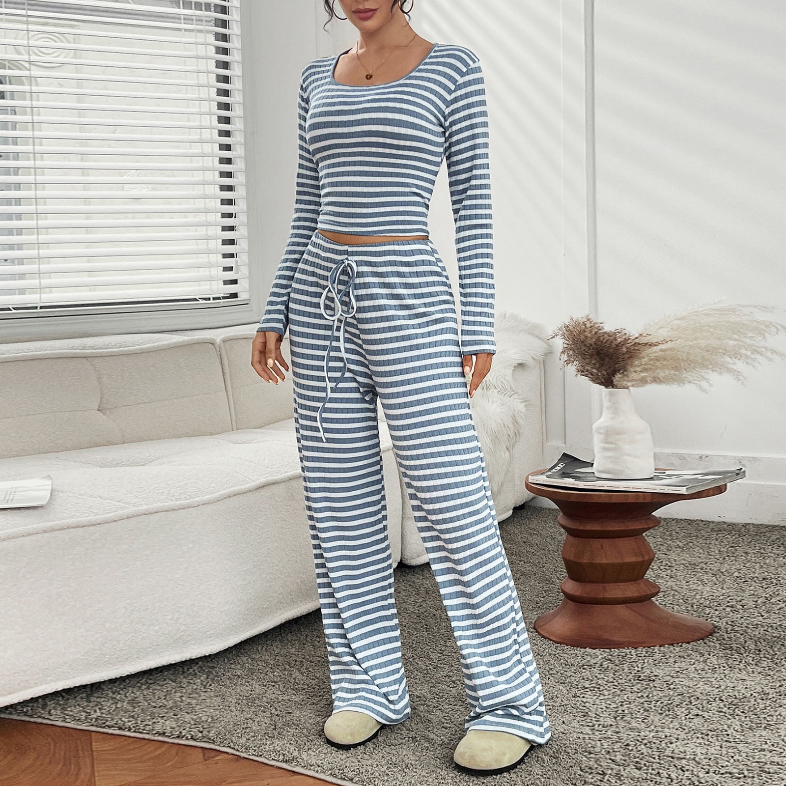 BLTIBY Women's Pajama Sets Striped Printed Loose Cozy Pajamas 2 PC Long ...