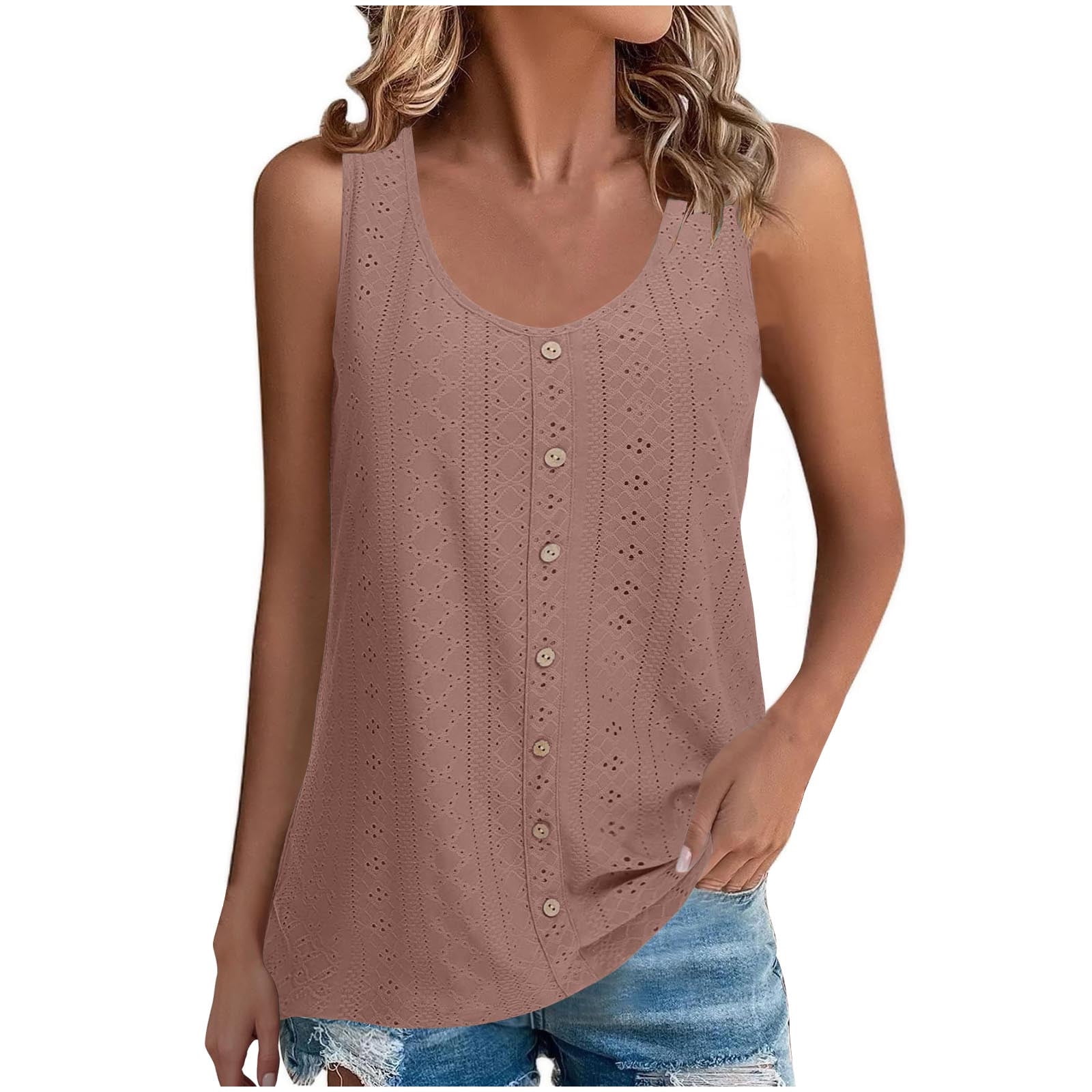 BLTIBY Women's Round Neck Tank Tops Summer Solid Color Hollow Out ...