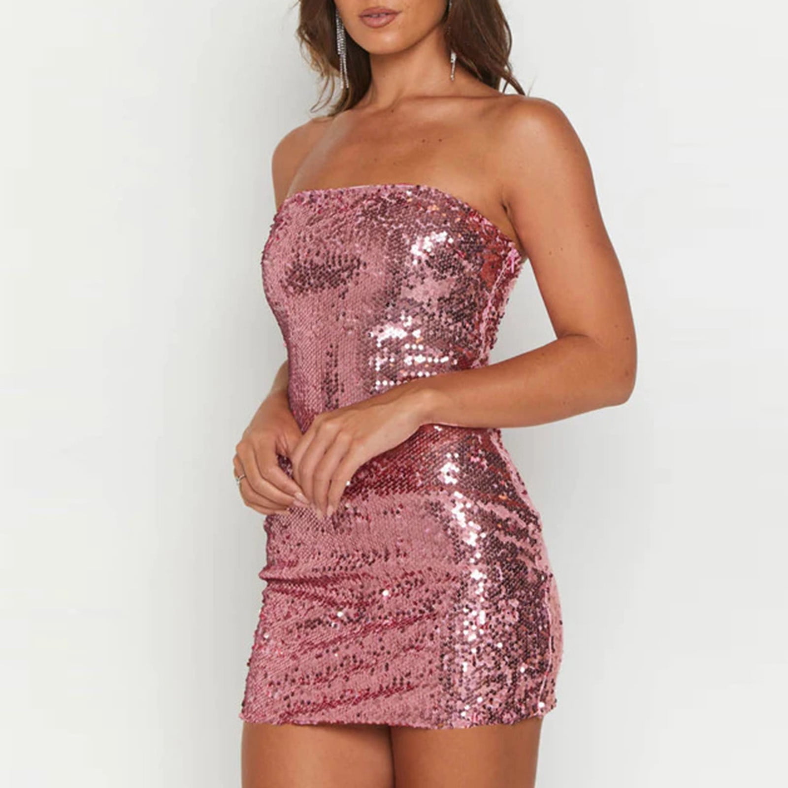 BLTIBY Women's Sequin Dresses Strapless Tight Mini Dress Sparkly Tube ...
