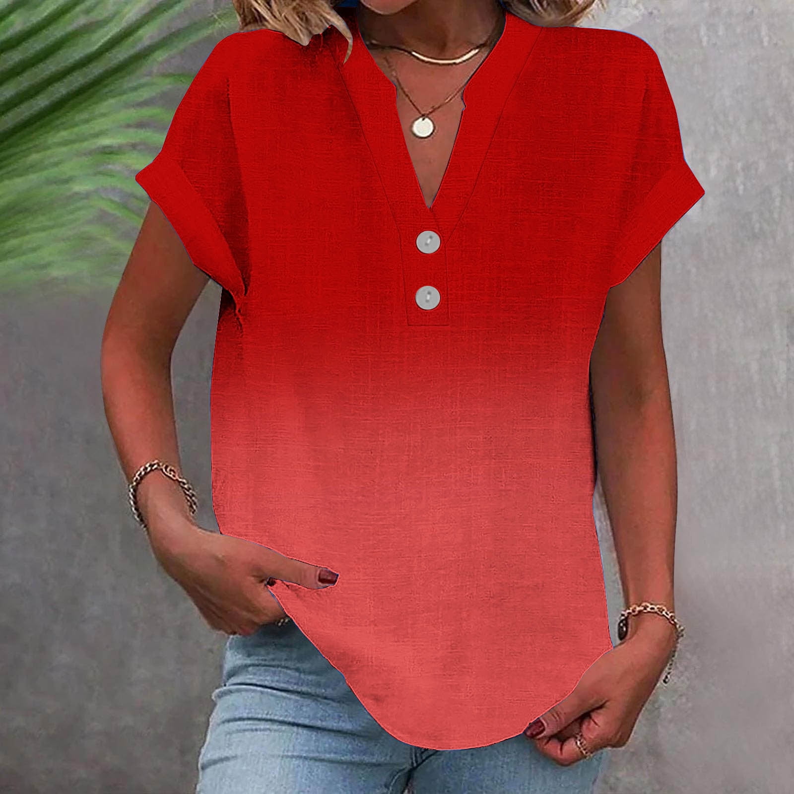 BLTIBY Women's Short Sleeve Top V Neck Gradient Printed Button Shirt ...