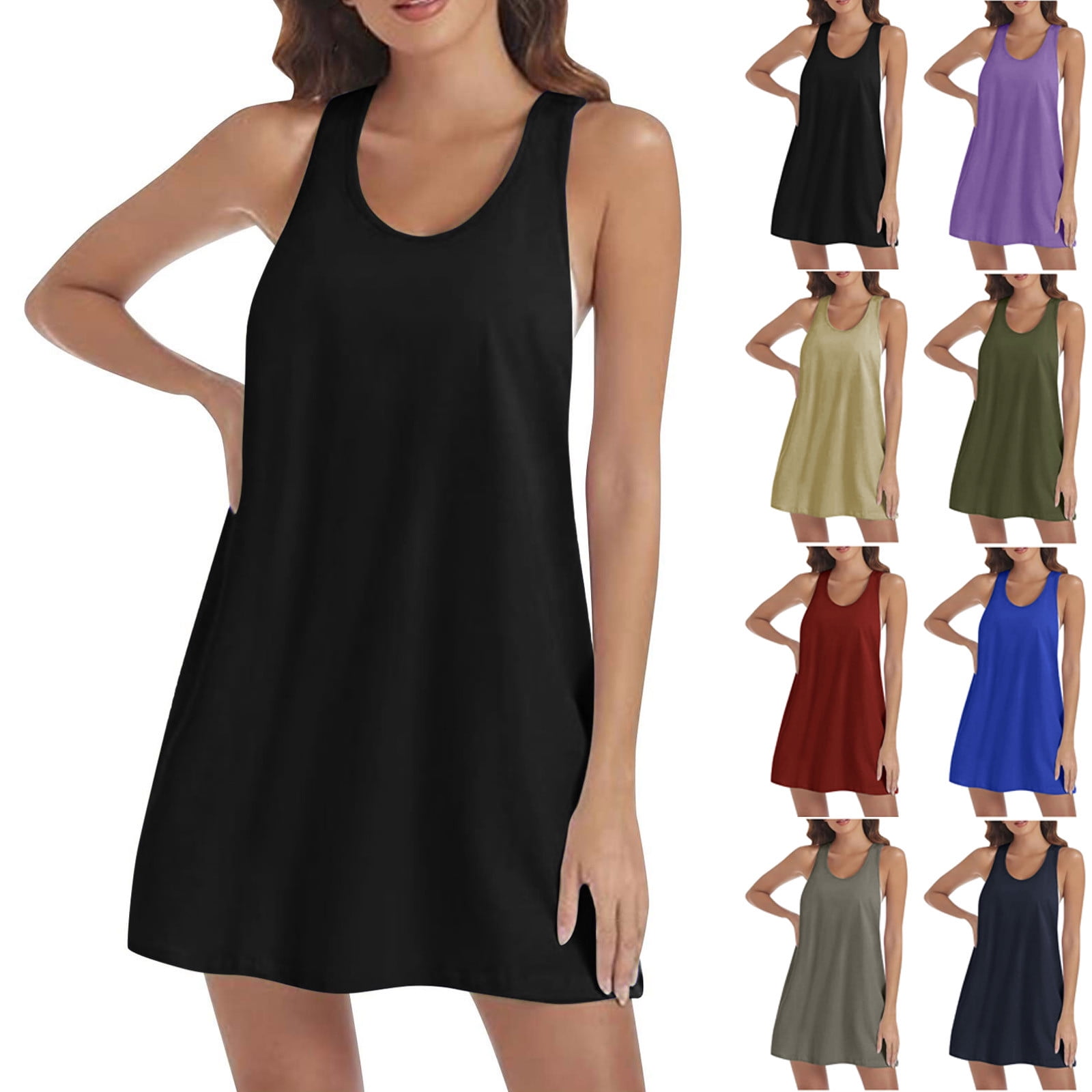 BLTIBY Women's Summer Flowy Mini Dress A Line Sleeveless Round Neck ...