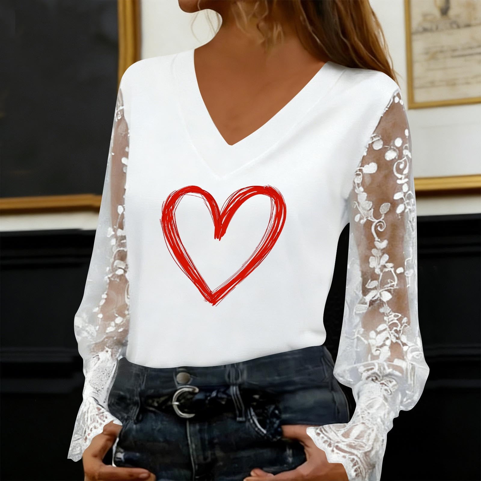 BLTIBY Women's V-Neck Shirts Mesh Lace Patchwork Long Sleeve T-Shirts ...