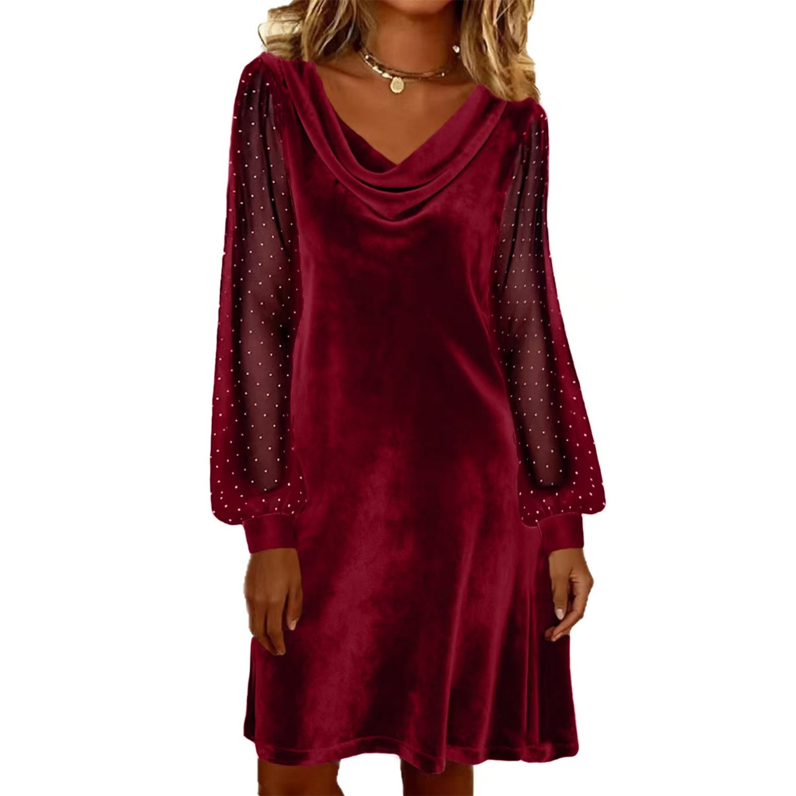 BLTIBY Women's Velvet Mesh Patchwork Dress Cowl Neck Draped Casual Long ...