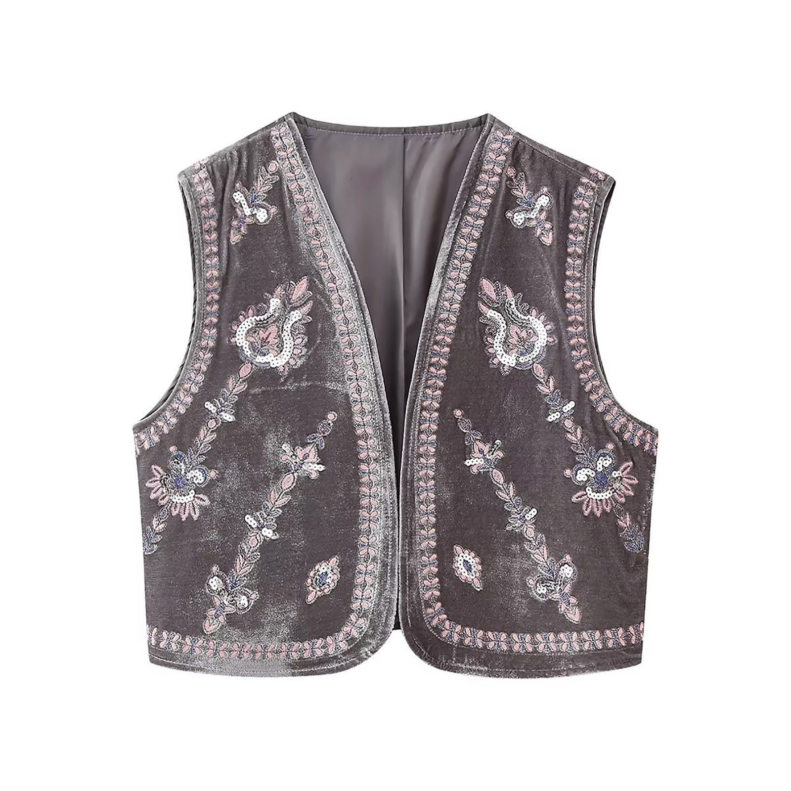 BLTIBY Women's Vintage Embroidered Vest Fall Winter Boho Open Front ...
