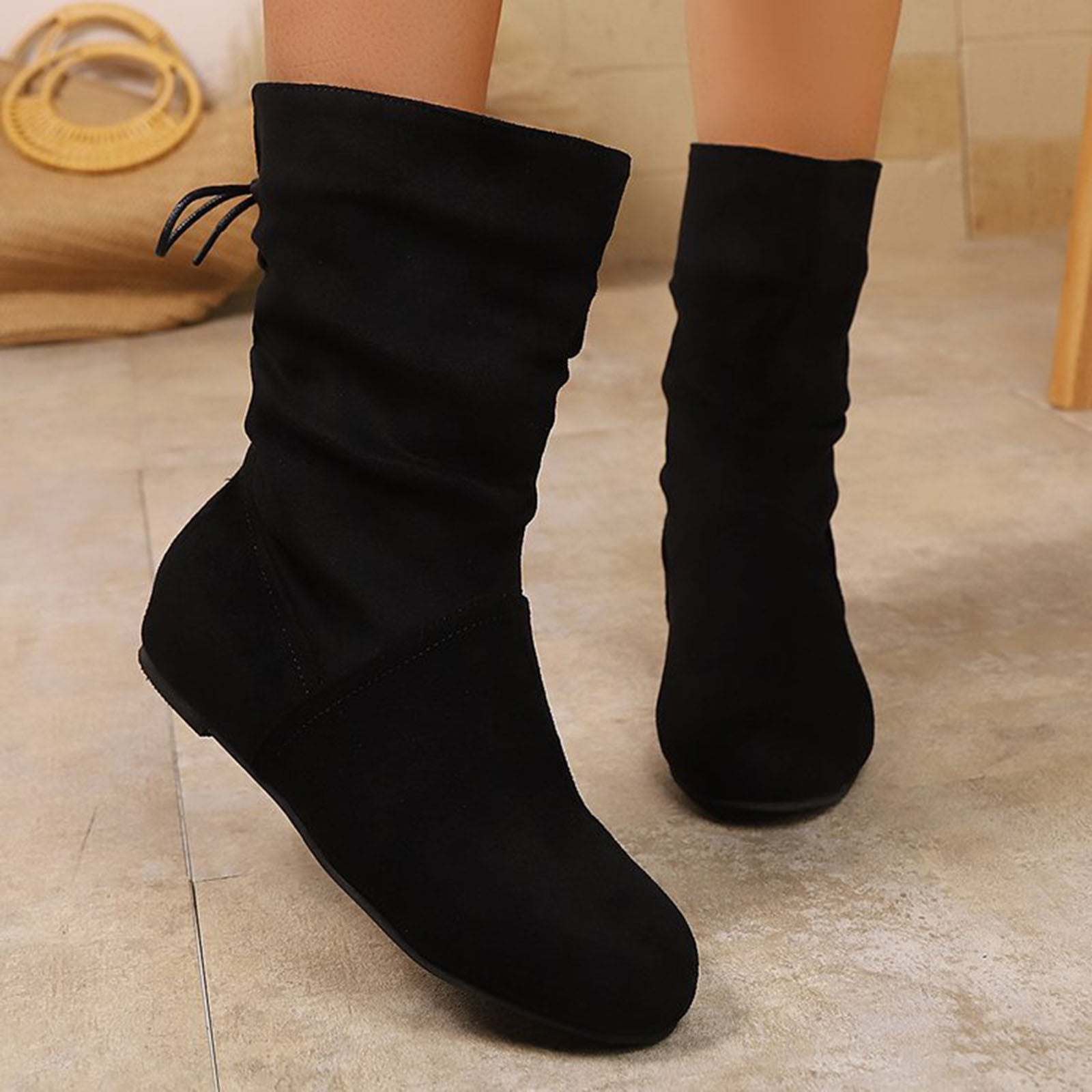 BLTIBY Women's Wide Mid-calf Boots Flat Heel Pull On Flock Western ...