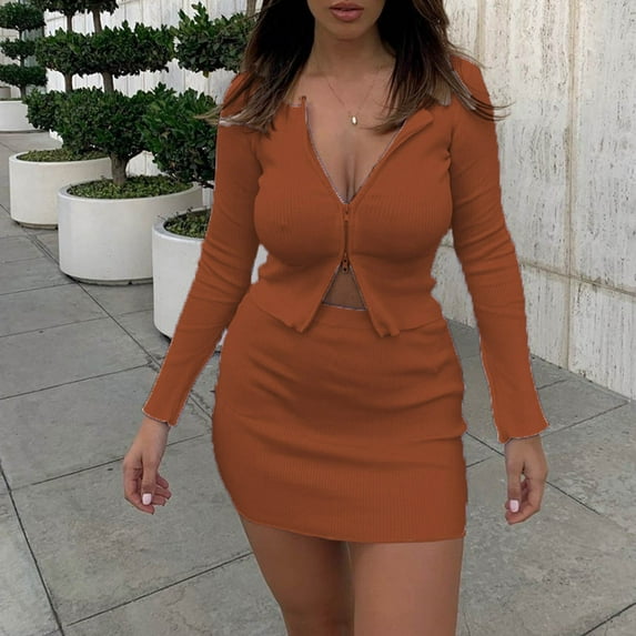 BLTIBY Womens 2 Piece Outfits Mini Skirt Long Sleeves Zipper Top ...