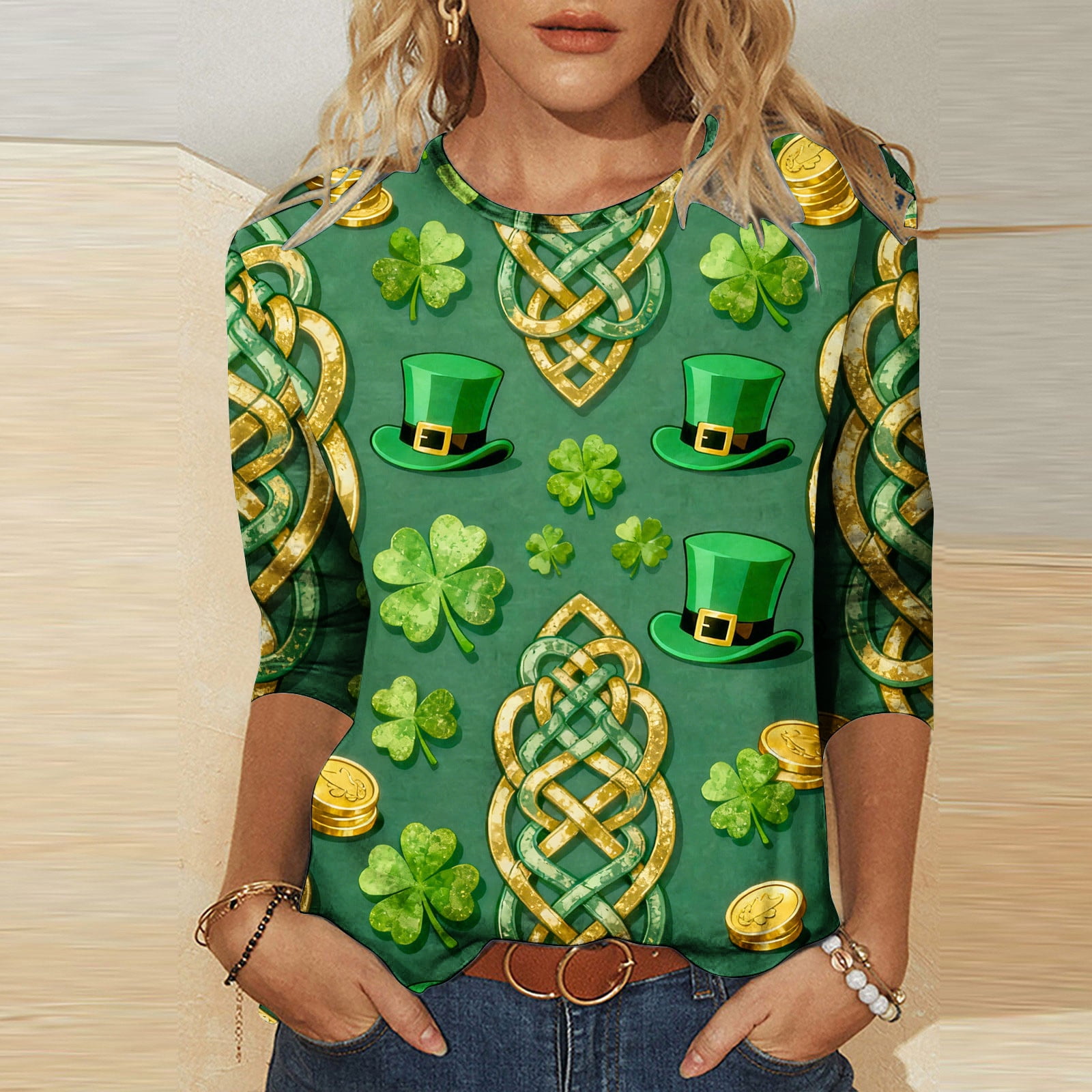 BLTIBY Womens 3/4 Sleeve T-Shirts St. Patrick's Day Round Neck Spring ...
