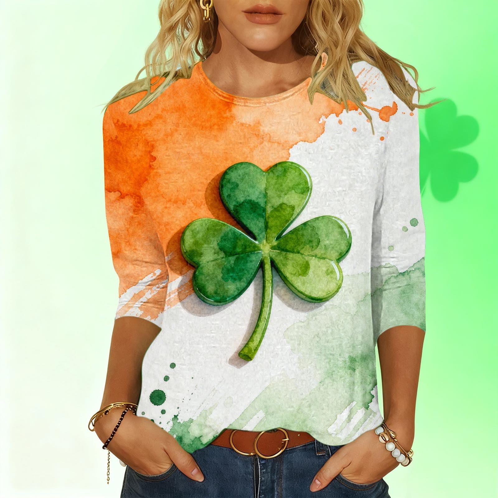BLTIBY Womens 3/4 Sleeve T-Shirts St. Patrick's Day Round Neck Spring ...