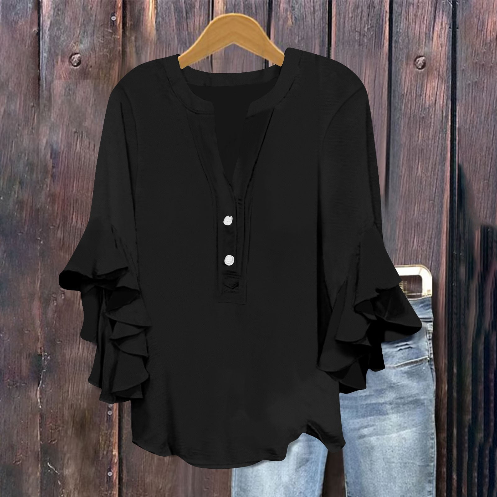 BLTIBY Womens 3/4 Sleeve Top Spring Fall Solid Color V Neck Button ...