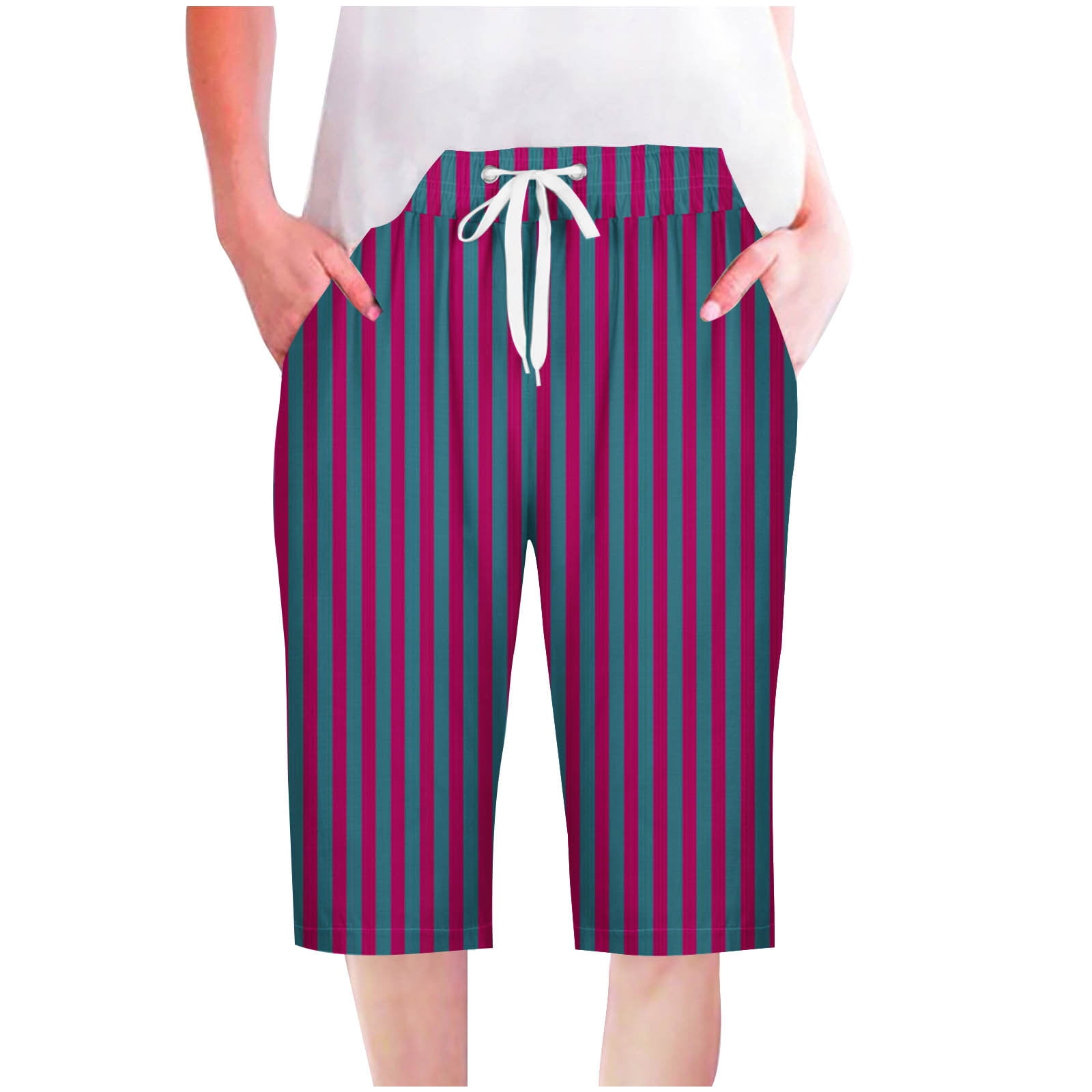 BLTIBY Womens Capris Shorts Summmer Striped Printed Pants Loose Fit ...