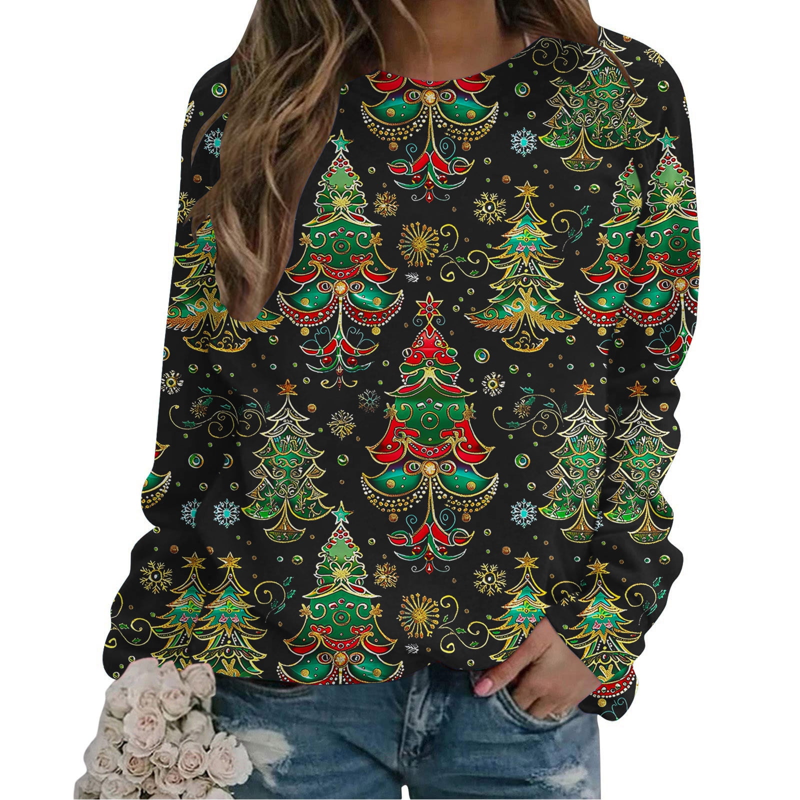 BLTIBY Womens Christmas Sweatshirts Long Sleeve Round Neck Printed ...