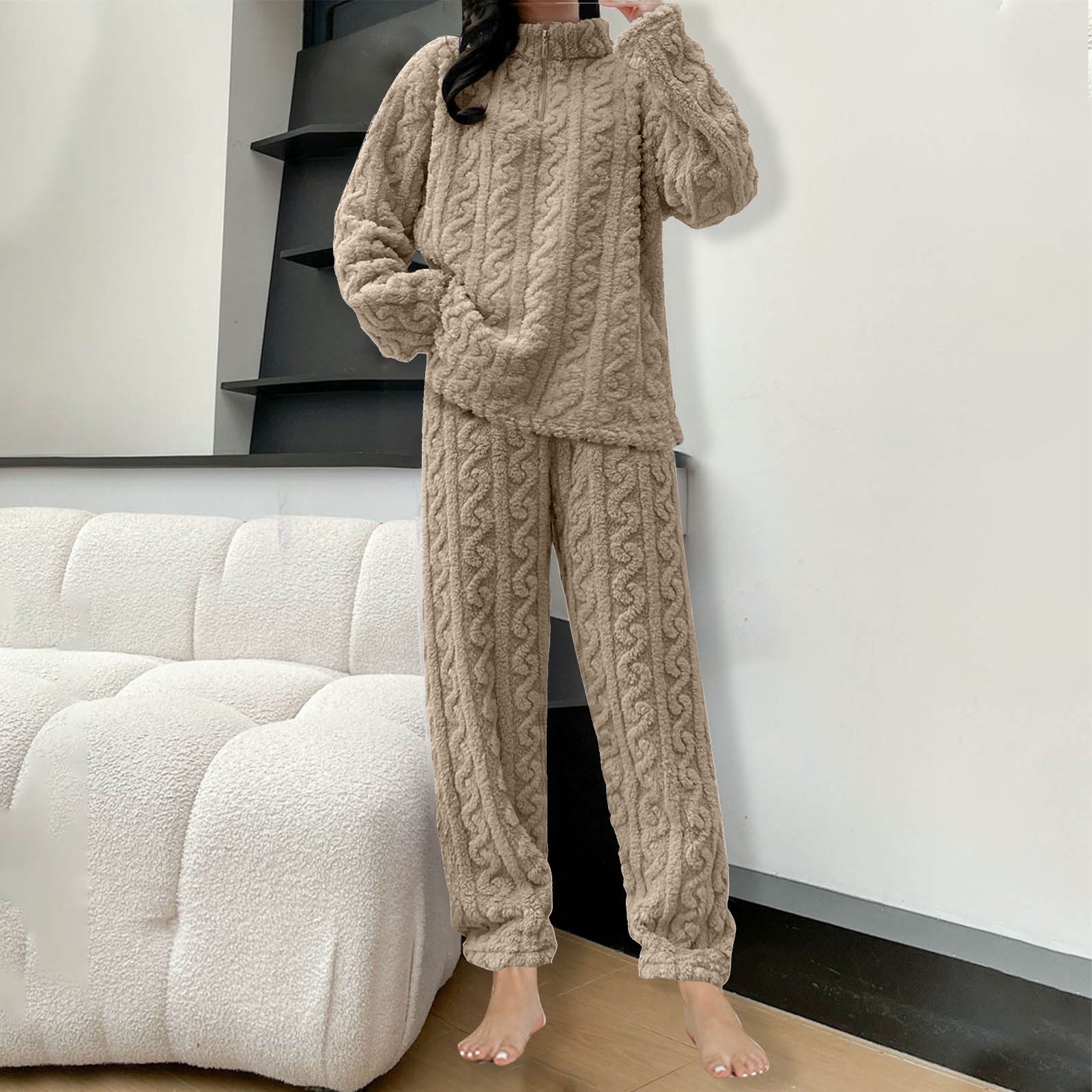BLTIBY Womens Coral Fleece Pajamas Set Winter Fuzzy Textured Half Zip ...