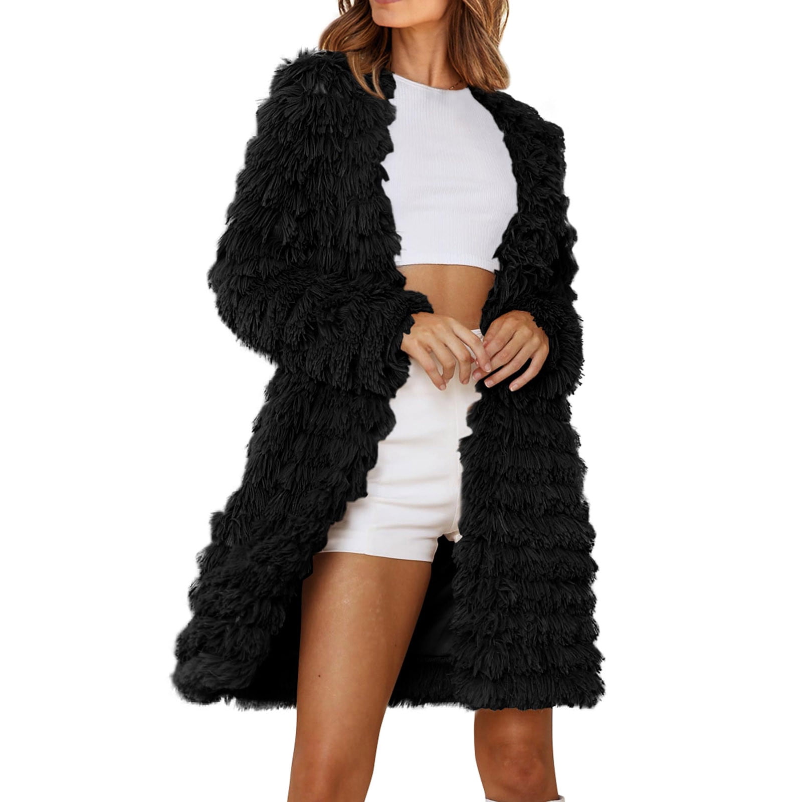 BLTIBY Womens Faux Fur Jacket Hoodies Fall Winter Coats Solid Color Fleece Thick Long Sleeve ...