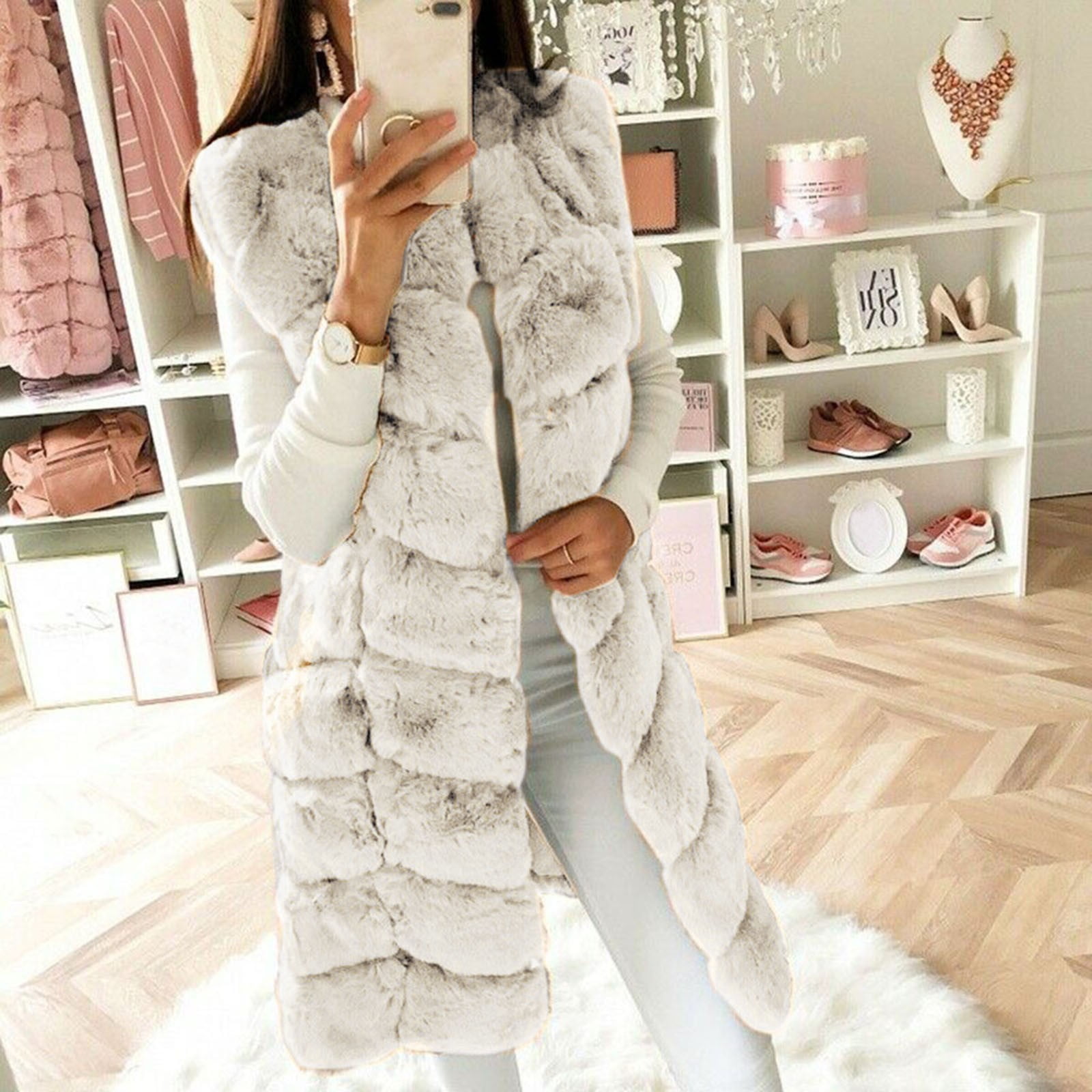 BLTIBY Womens Faux Fur Vest Jacket Fall Winter Coats Solid Color Fleece ...