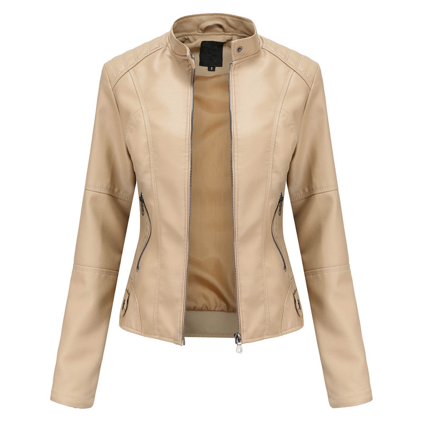 BLTIBY Womens Faux Leather Zip Up Jackets Solid Colour Short Stand-Up ...