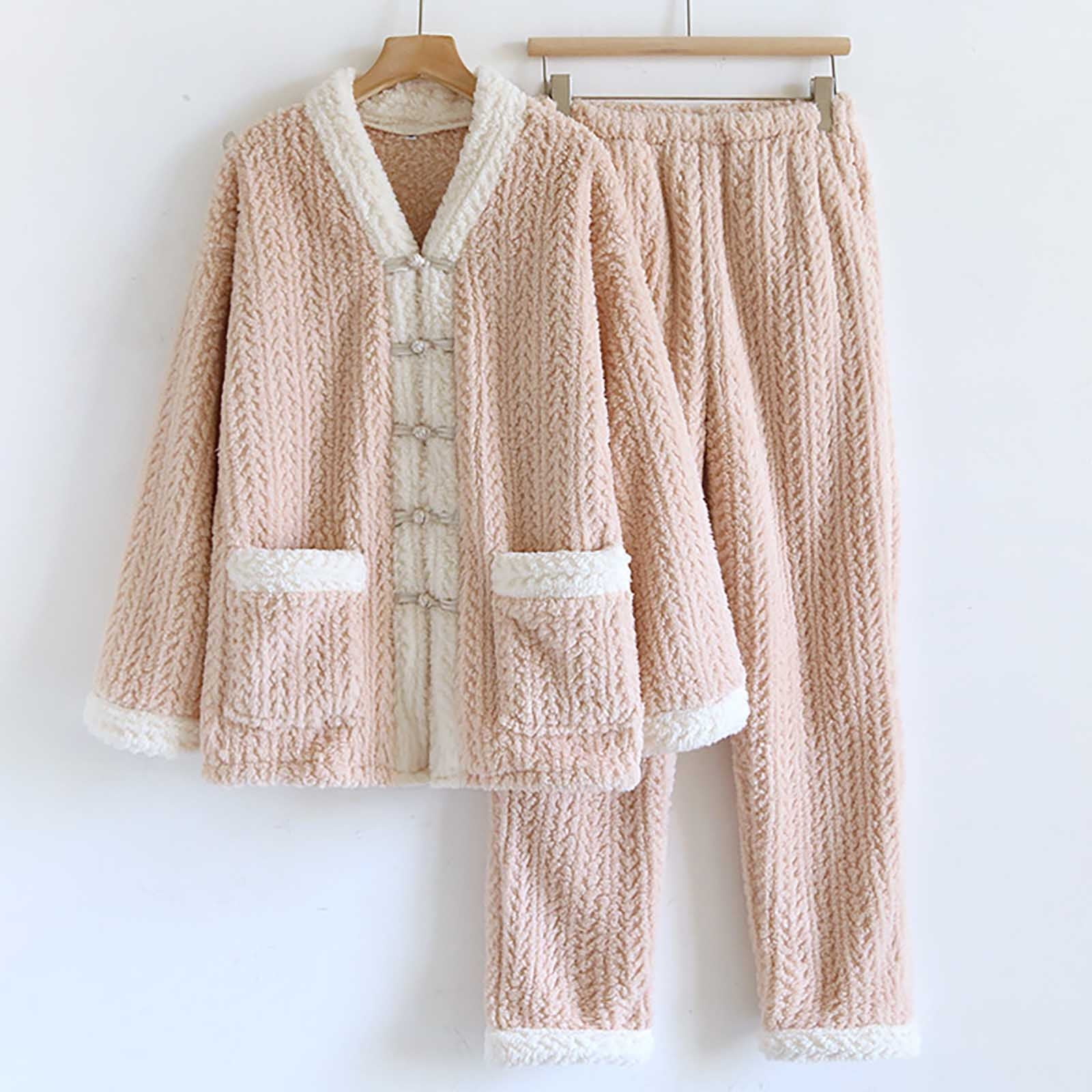 BLTIBY Womens Fuzzy Fleece Pajama Sets 2 Piece Outfits Solid Color Long ...