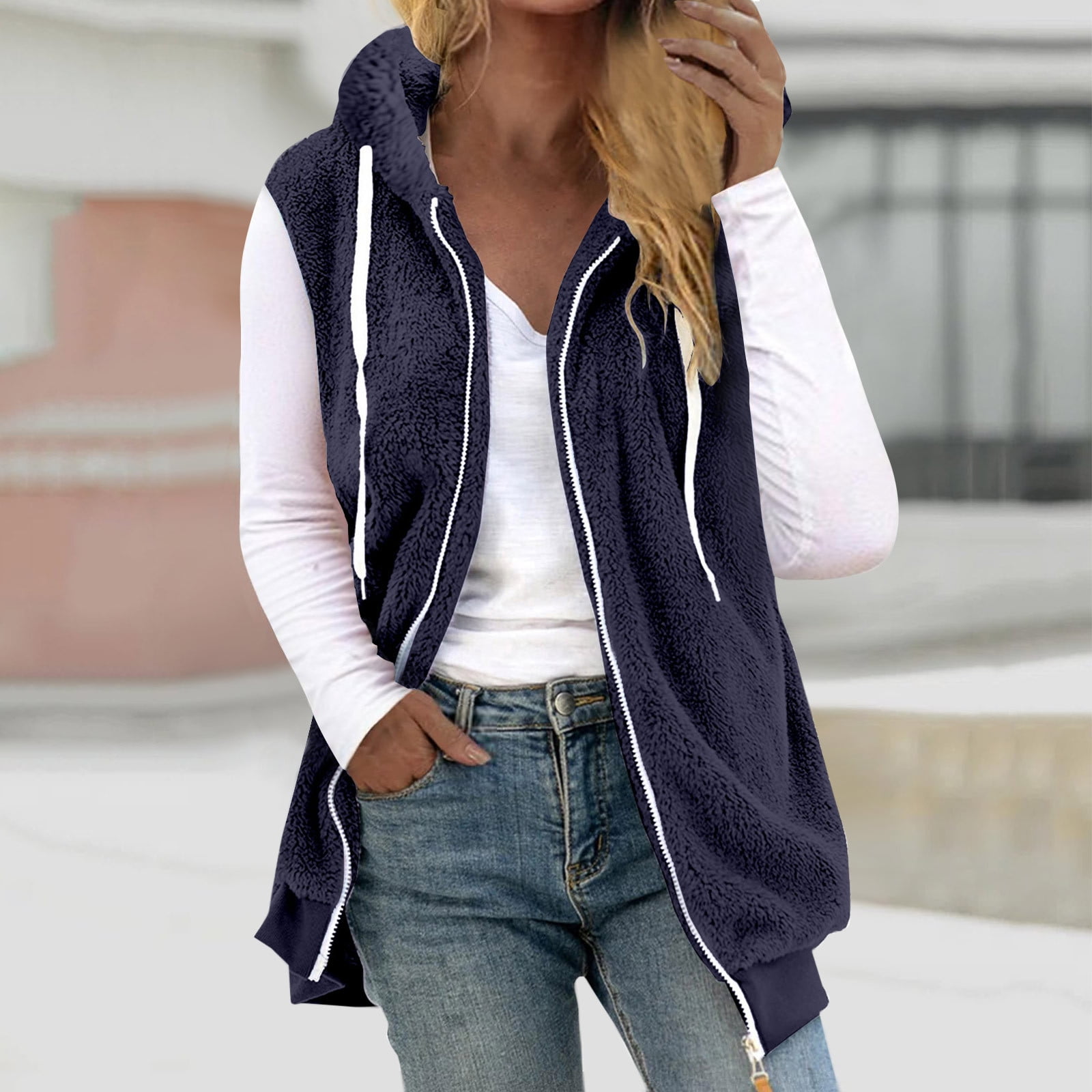 BLTIBY Womens Fuzzy Fleece Vest Hoodies Fall Winter Casual Sleeveless ...