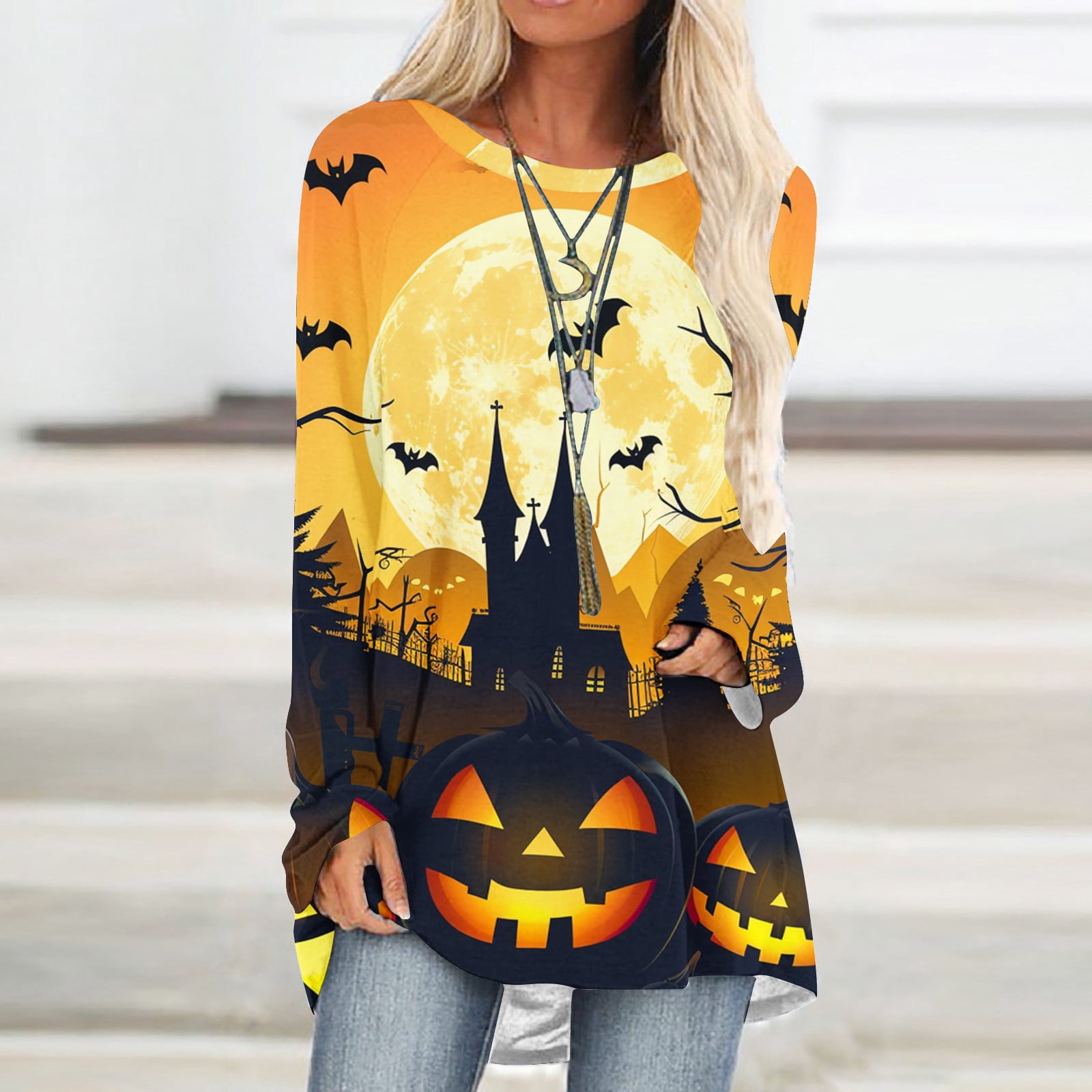 BLTIBY Womens Halloween Shirts Long Sleeve Round Neck Tees Funny ...