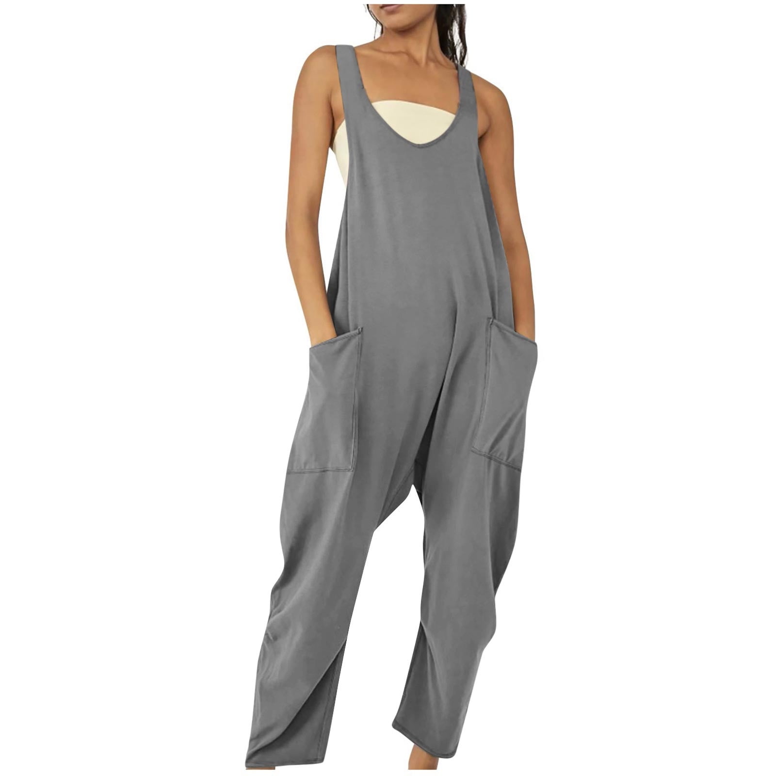 BLTIBY Womens Jumpsuits Casual Solid Colour Summer V Neck Ladies Loose ...