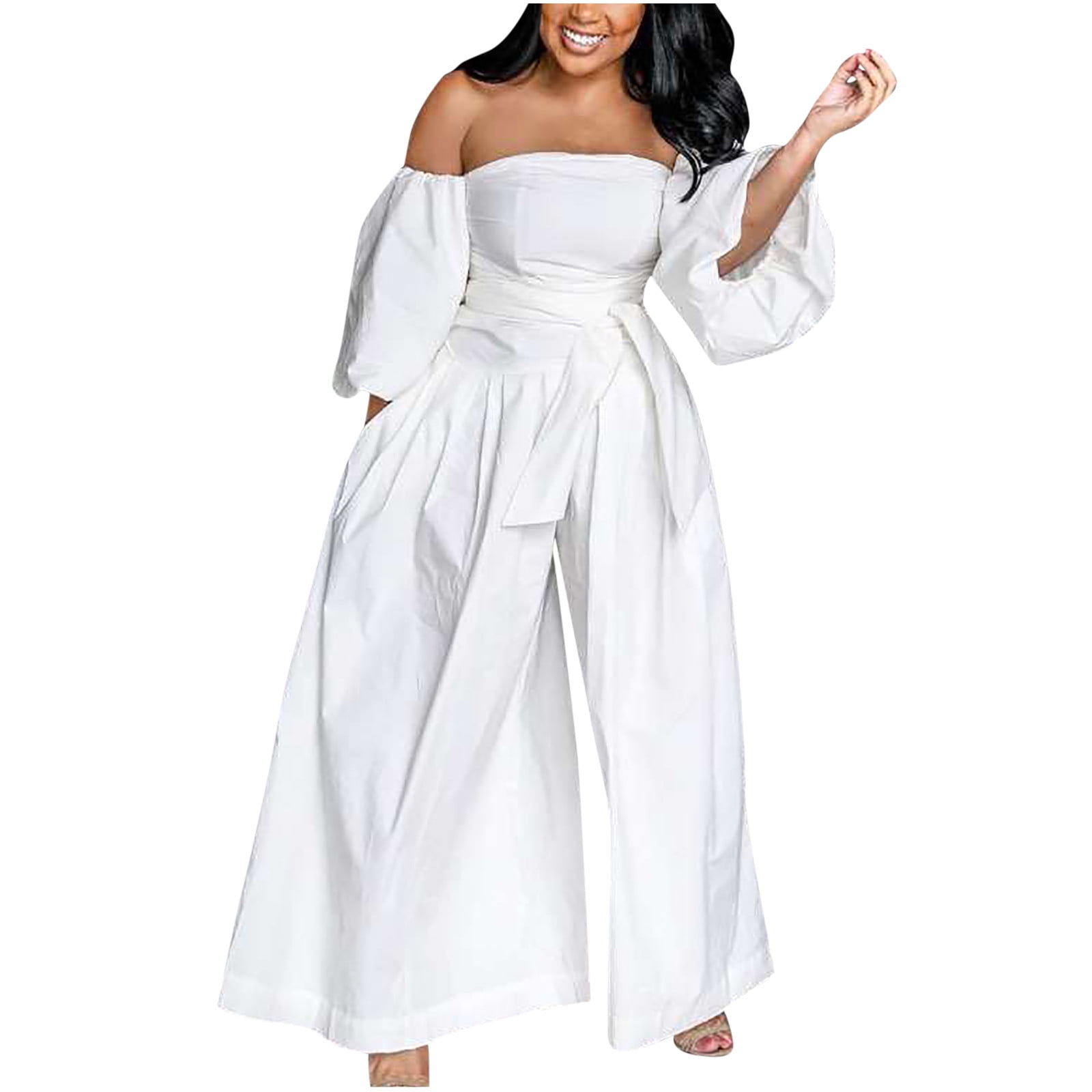 BLTIBY Womens Jumpsuits Spring Summer Solid Color Wrap Bust Tie Long ...