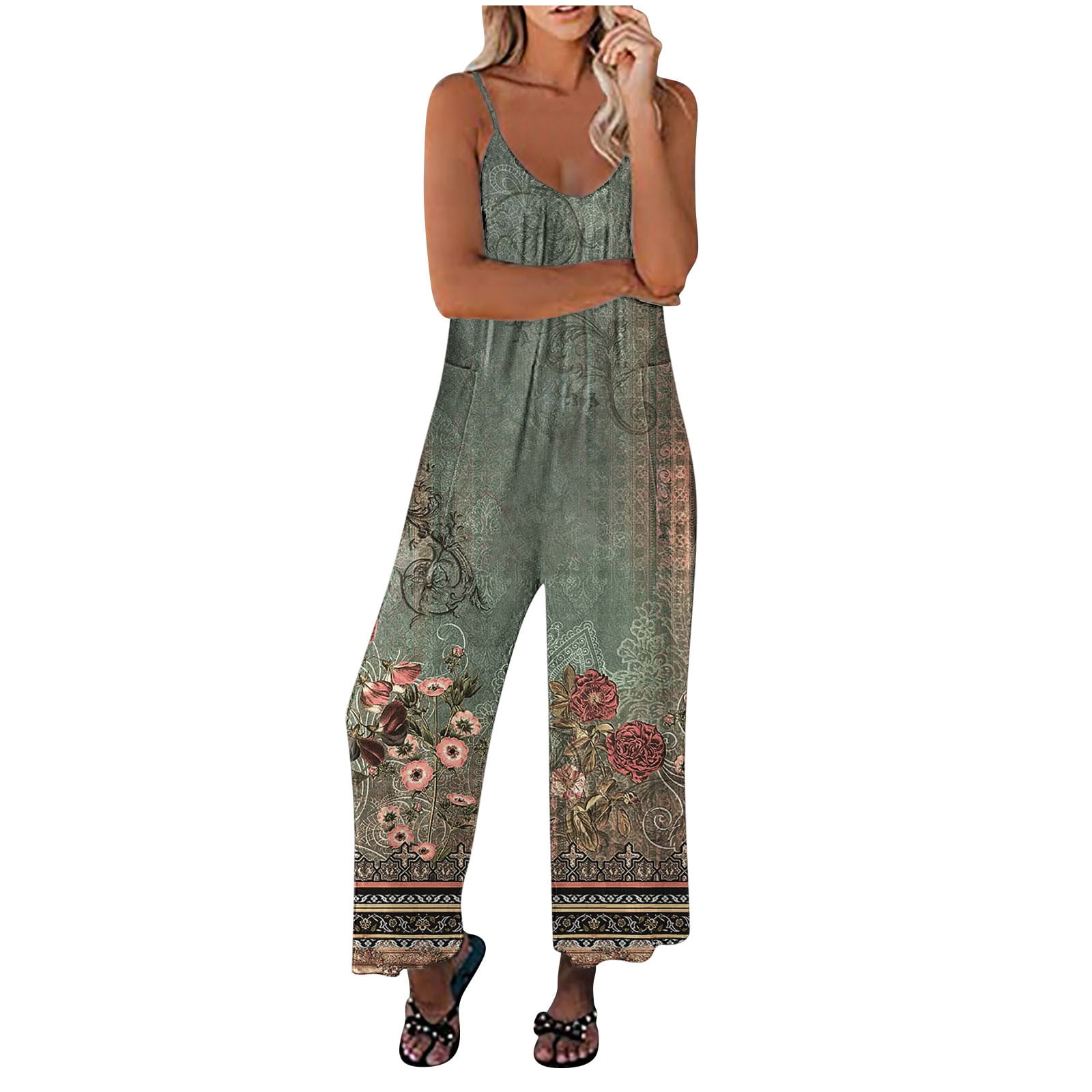 BLTIBY Womens Jumpsuits Summer Spring V Neck Long Bib Pants Print ...