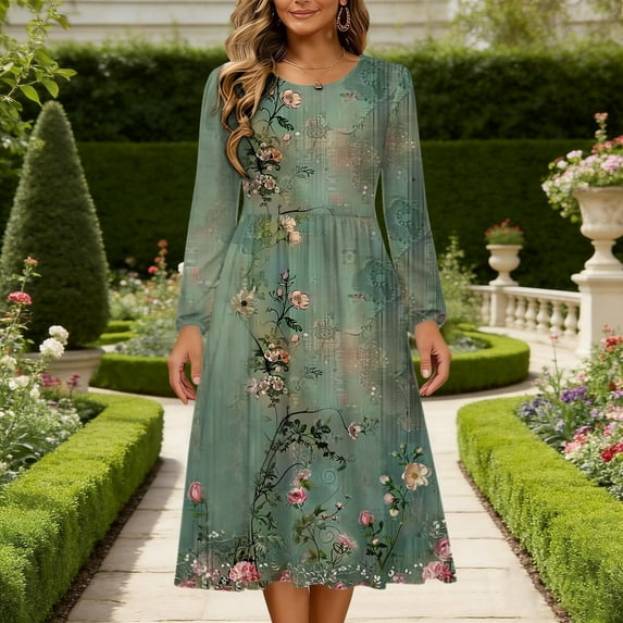 BLTIBY Womens Long Sleeve Midi Dress Crewneck Spring Fashion Casual ...