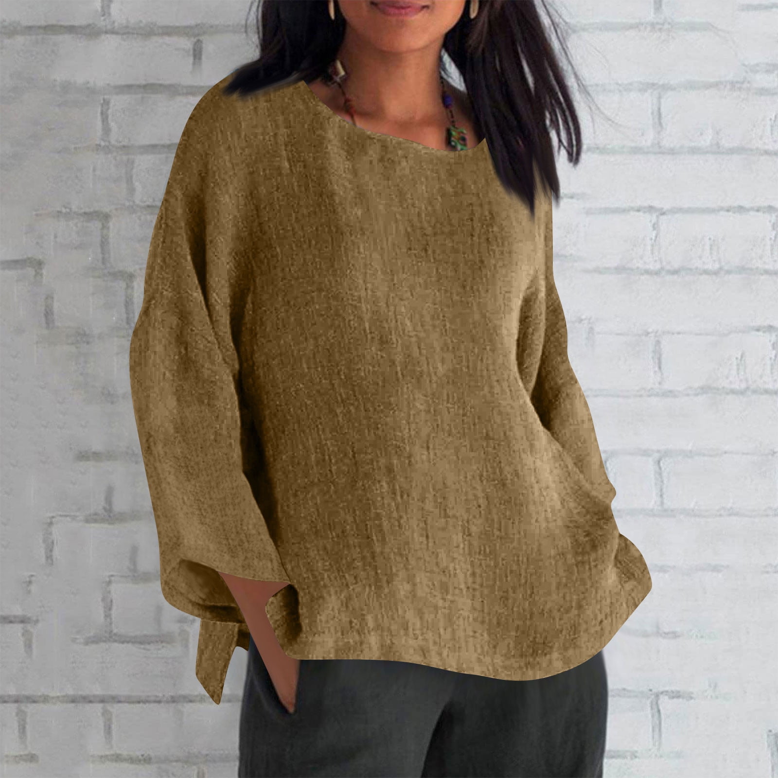 BLTIBY Womens Long Sleeve Shirts Fall Spring Round Neck Solid Color ...