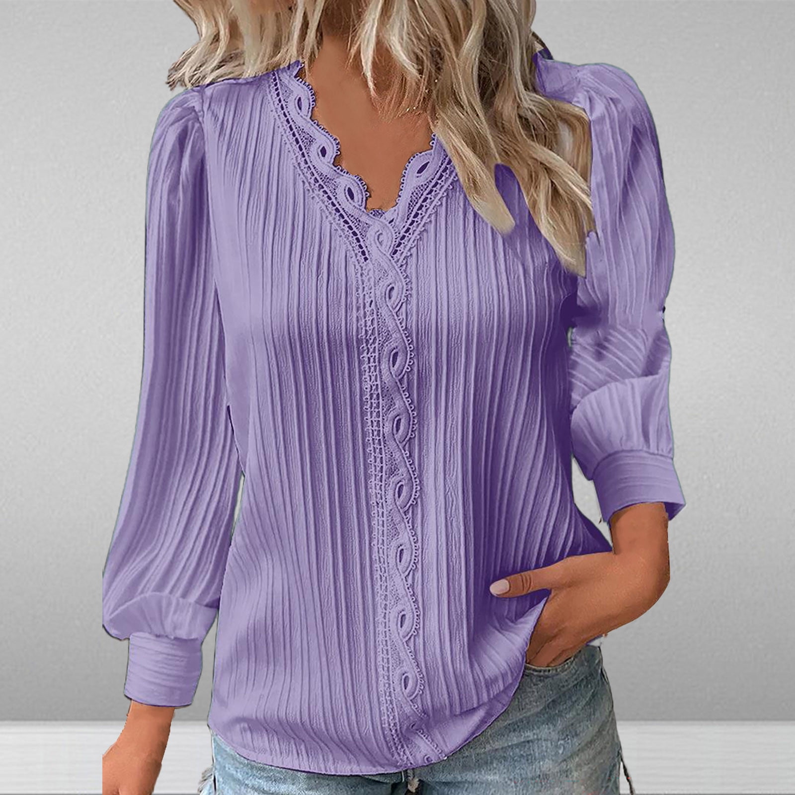 BLTIBY Womens Long Sleeve Shirts Fall Spring V Neck Lace Solid Color ...