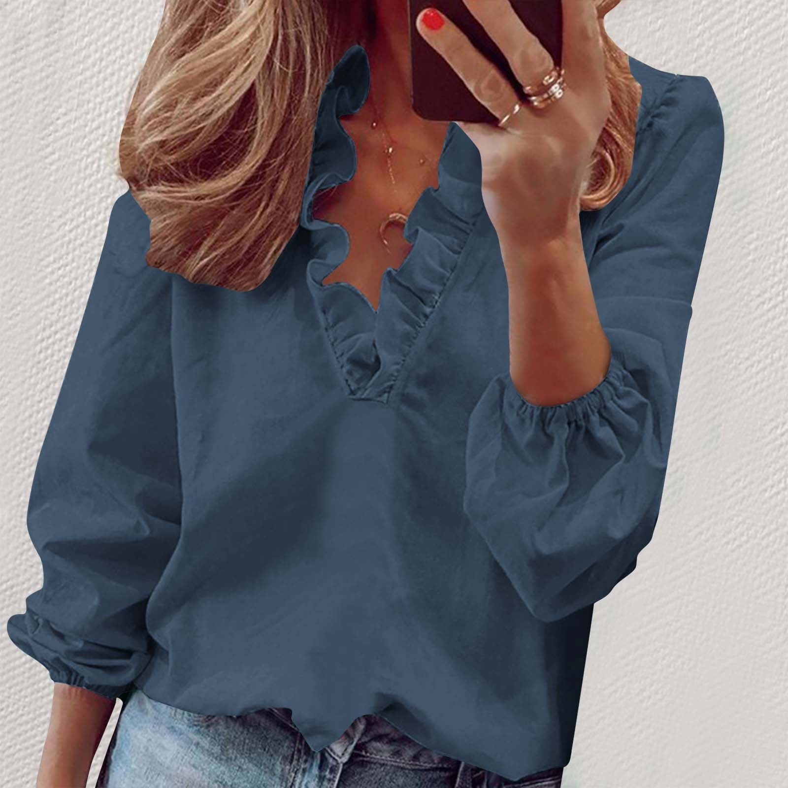 BLTIBY Womens Long Sleeve Shirts Spring Fall Solid Color Ruffled V Neck Top Casual Fashion ...