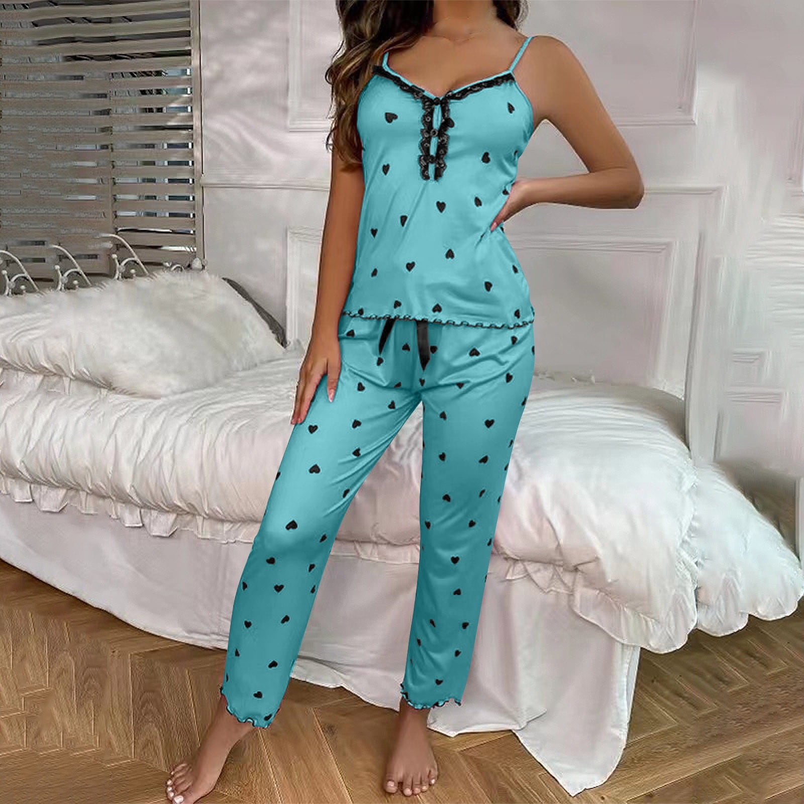 BLTIBY Womens Pajama Set Heart Pritned V Neck Sleeveless Camisole Drawstring Pants Sleepwear ...