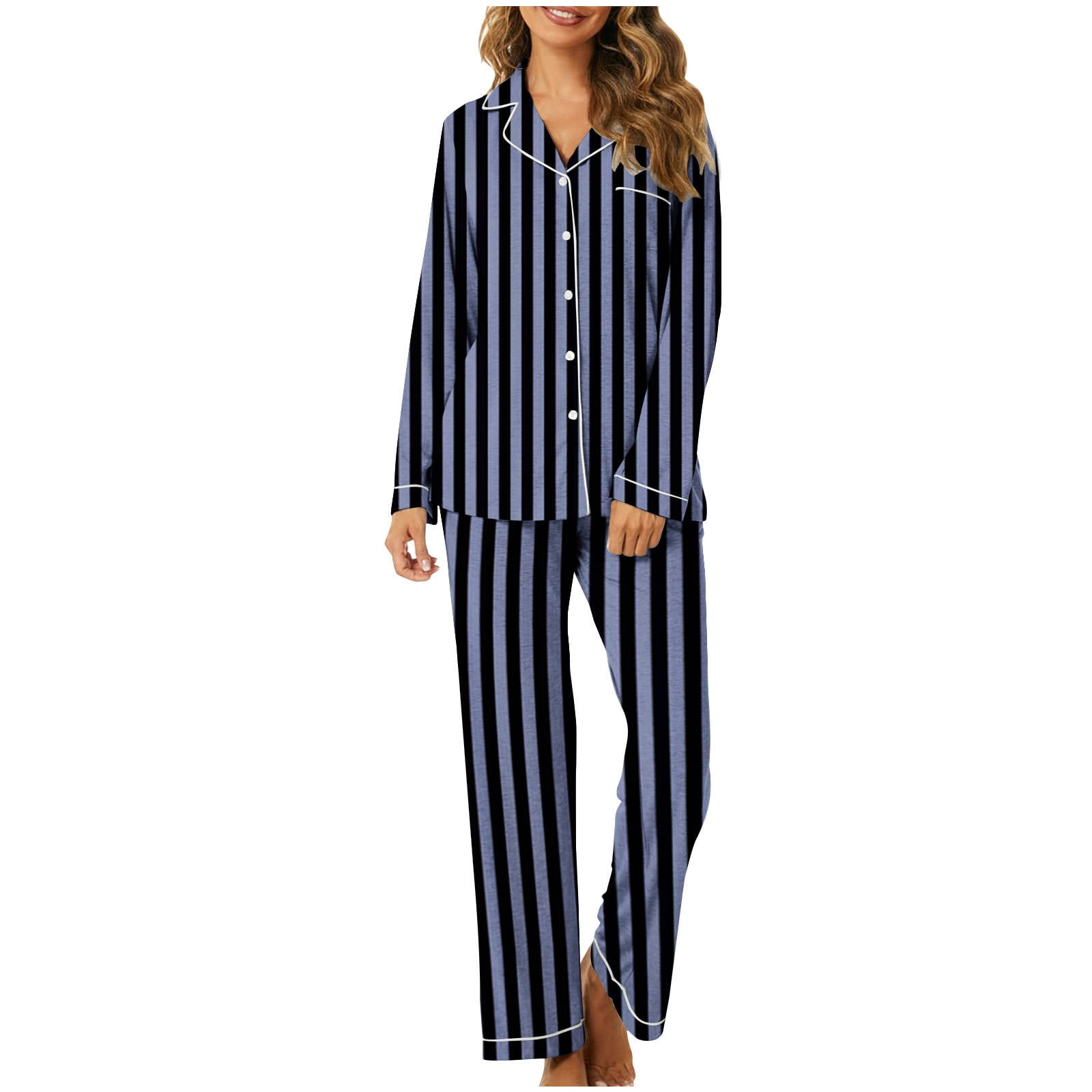 BLTIBY Womens Pajama Sets 2 Piece Striped Printed Lapel Button Long ...