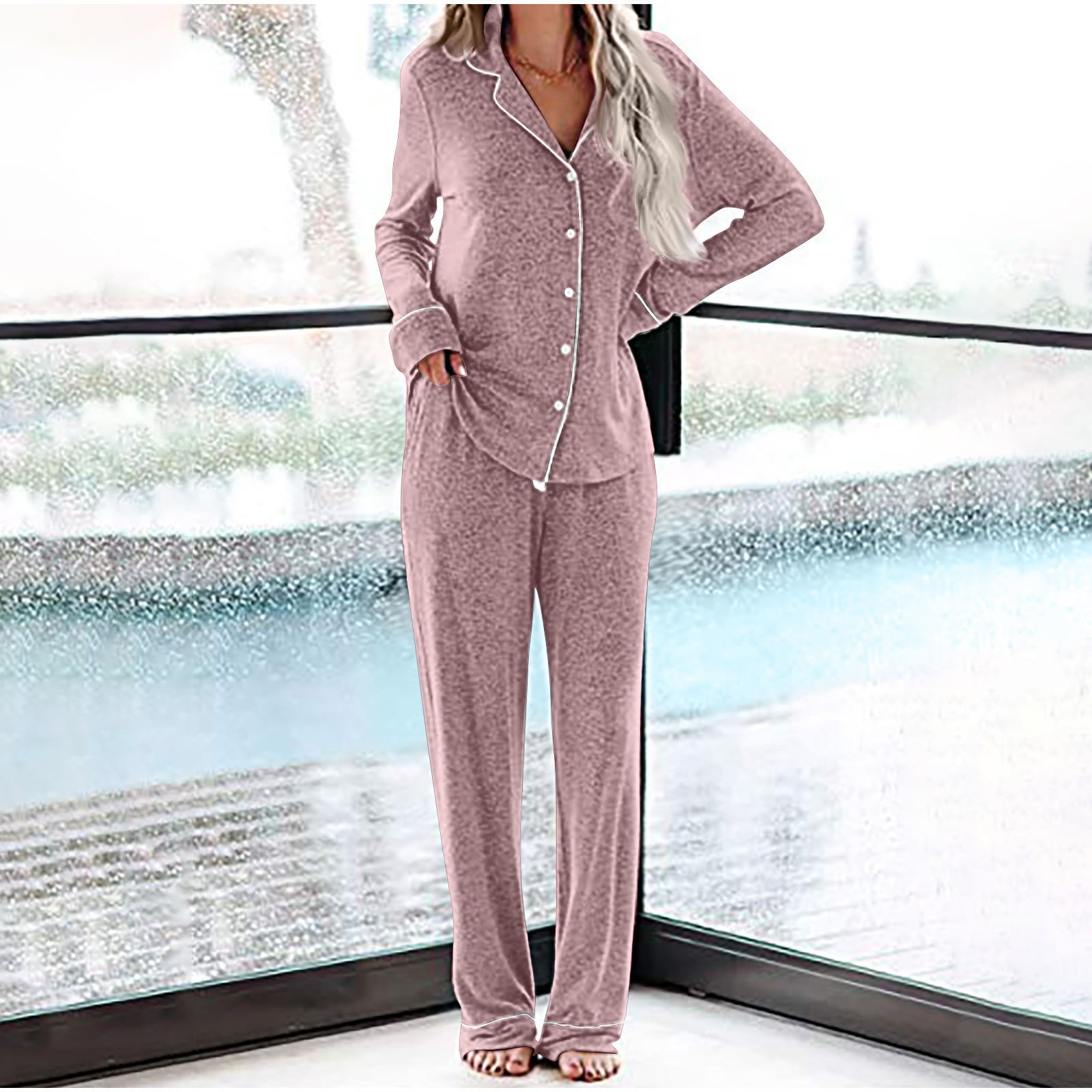 BLTIBY Womens Pajamas Sets 2 Piece Solid Color Button Down Pjs Soft ...
