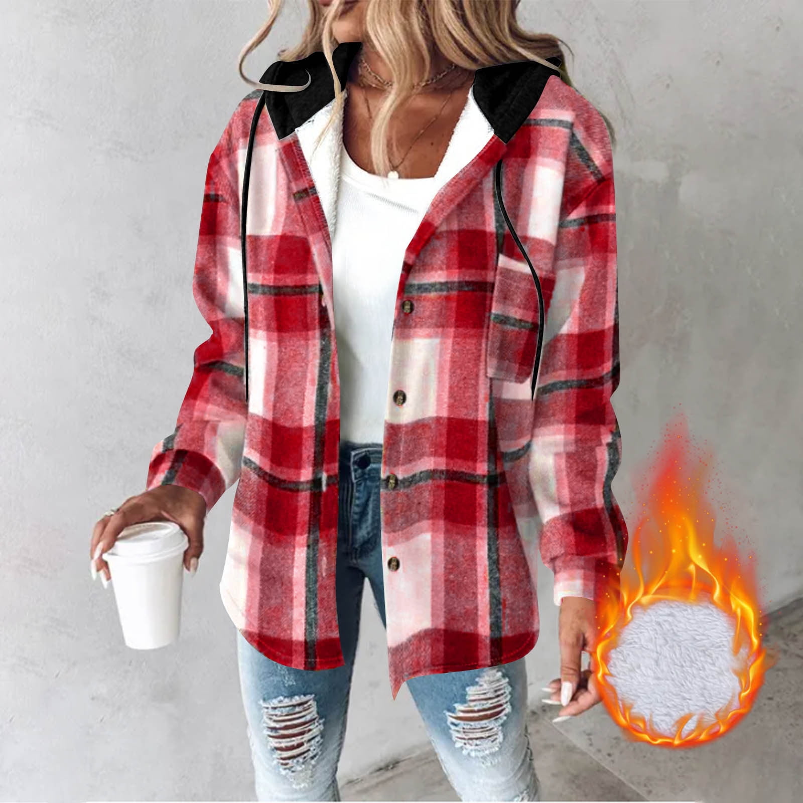 BLTIBY Womens Plaid Jacket Button Down Fleece Lined Hooded Drawstring ...