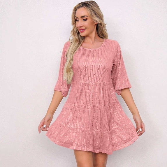 BLTIBY Womens Sequin Dress Sparkly Glitter 3/4 Sleeve Round Neck ...