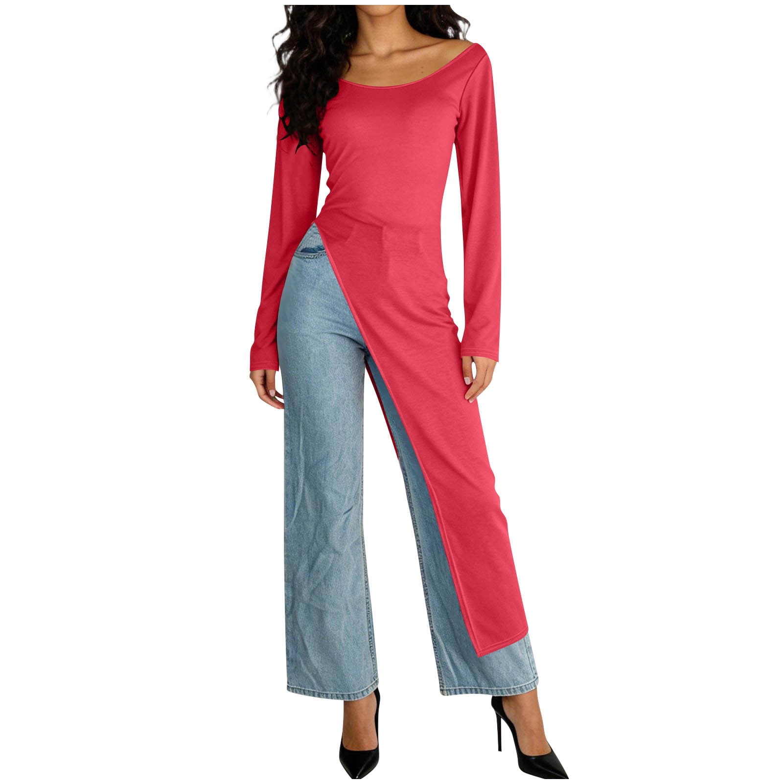 BLTIBY Womens Shirts Dresses Long Sleeve Crew Neck Long Tops Dress with ...