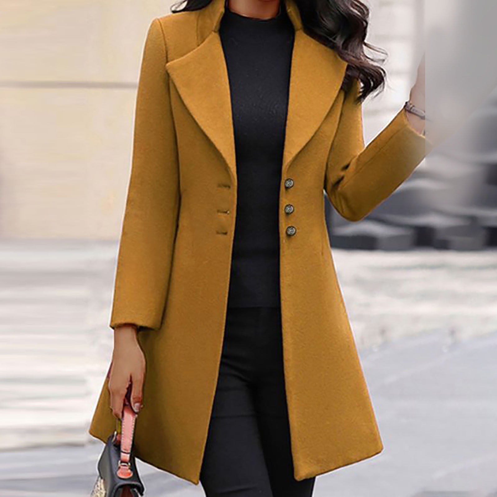 BLTIBY Womens Single-Breasted Coat Fall Winter Solid Color Lapel Collar ...